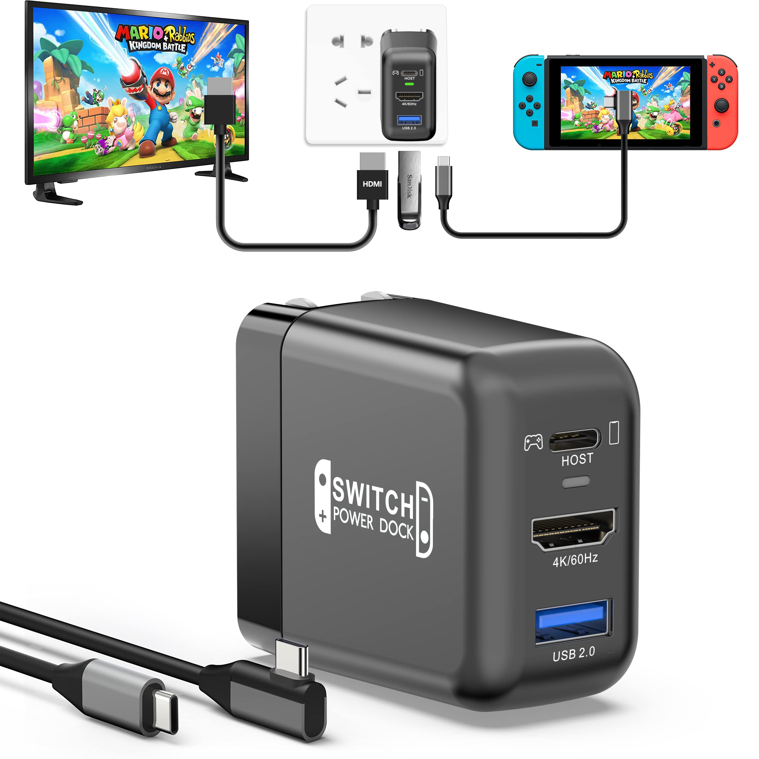 RREAKA Switch Dock Charger for Nintendo Switch/OLED, Portable TV Docking Station for Nintendo Switch 4K@60Hz HDMI/USB2.0/PD USB-C Fast Charging Ports, Portable Switch Dock Charger with USB-C Cable
