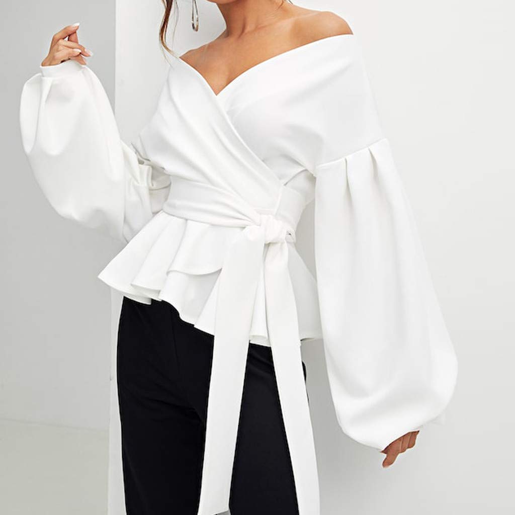 Women Fashion Sexy Off Shoulder Solid Lantern Long Sleeve Tops Cross Deep V Bow Belt Bandage Ruffled Blouse White