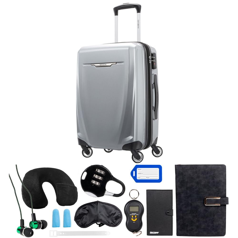 Samsonite Winfield 3 DLX Spinner 56/20 Carry-On, Silver (120752-1776) with Deco Gear 10 Piece Luggage Accessory Ultimate Travel Bundle