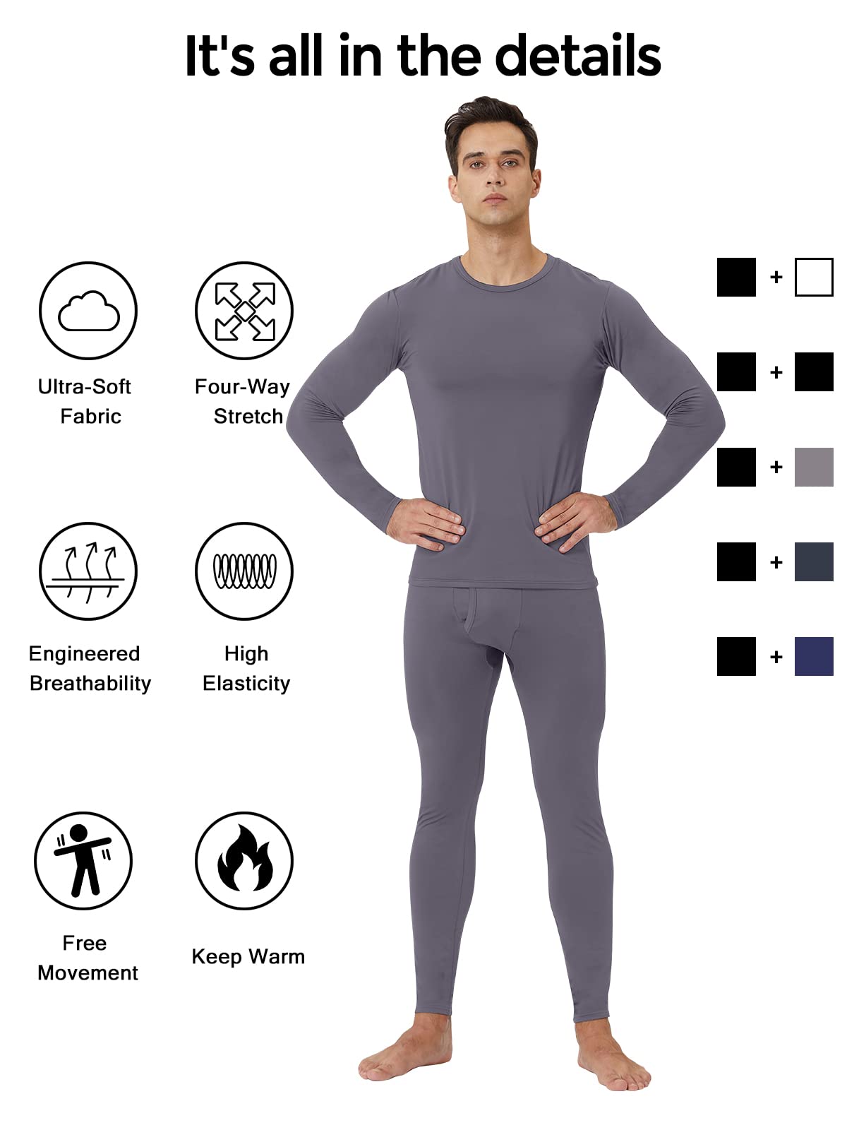 Thermal Underwear for Men, 2 Pack Long Johns Winter Long Underwear Sport Skiing Fleece Lined Base Layer Top and Bottom Set L
