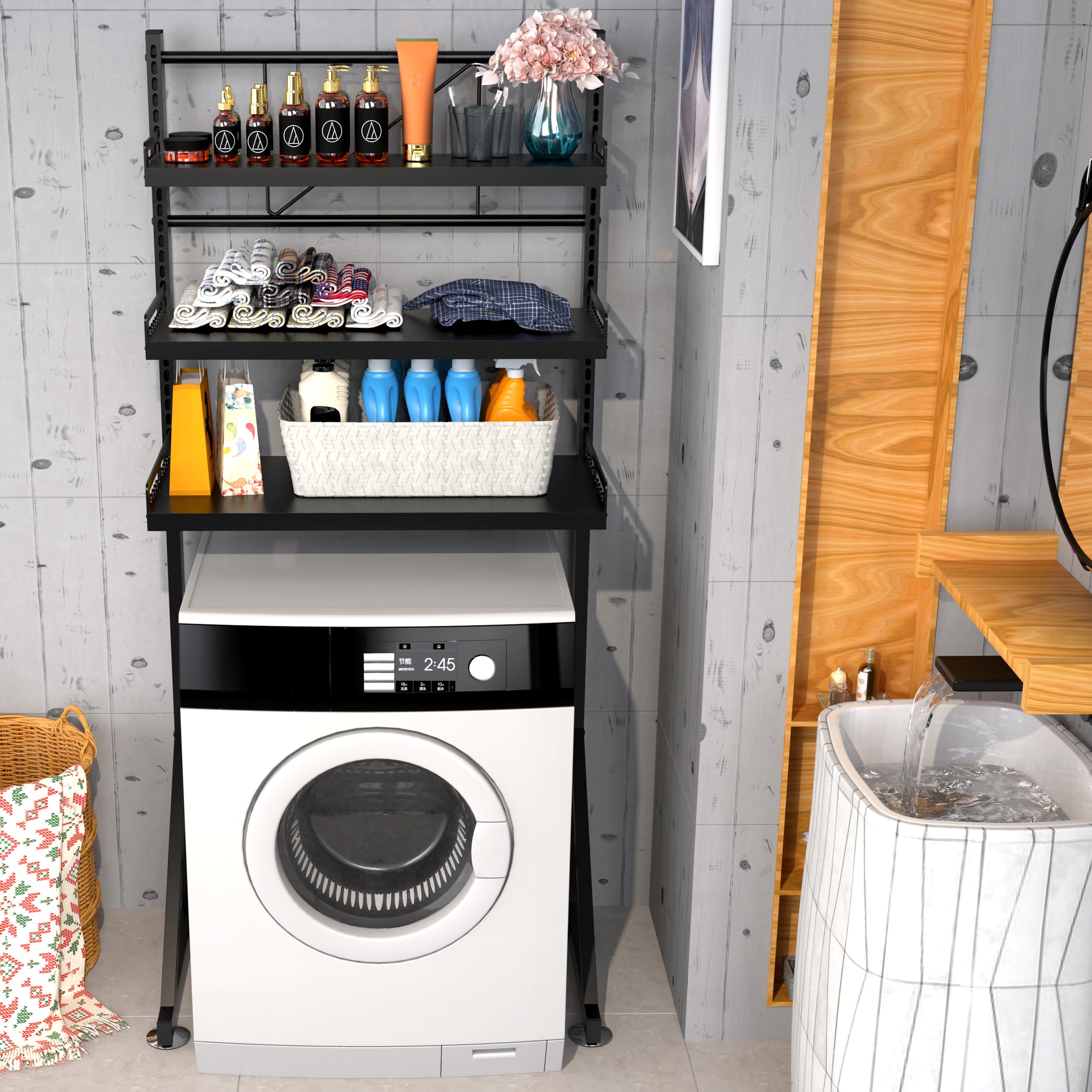 Supfirm 3-Tier Height Adjustable Washing Machine Storage Rack, Bathroom Large Storage Rack Organizer for Space Saver (Black)