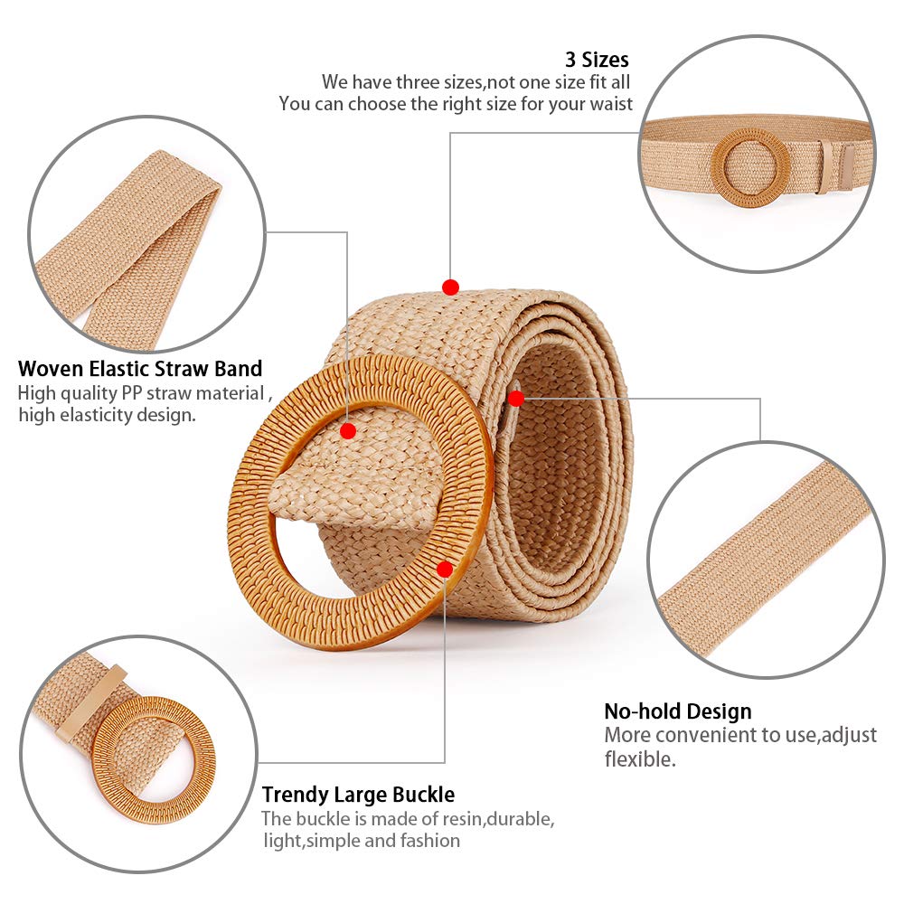 Women Belts For Dresses, Elastic Straw Rattan Waist Band With Large Buckle