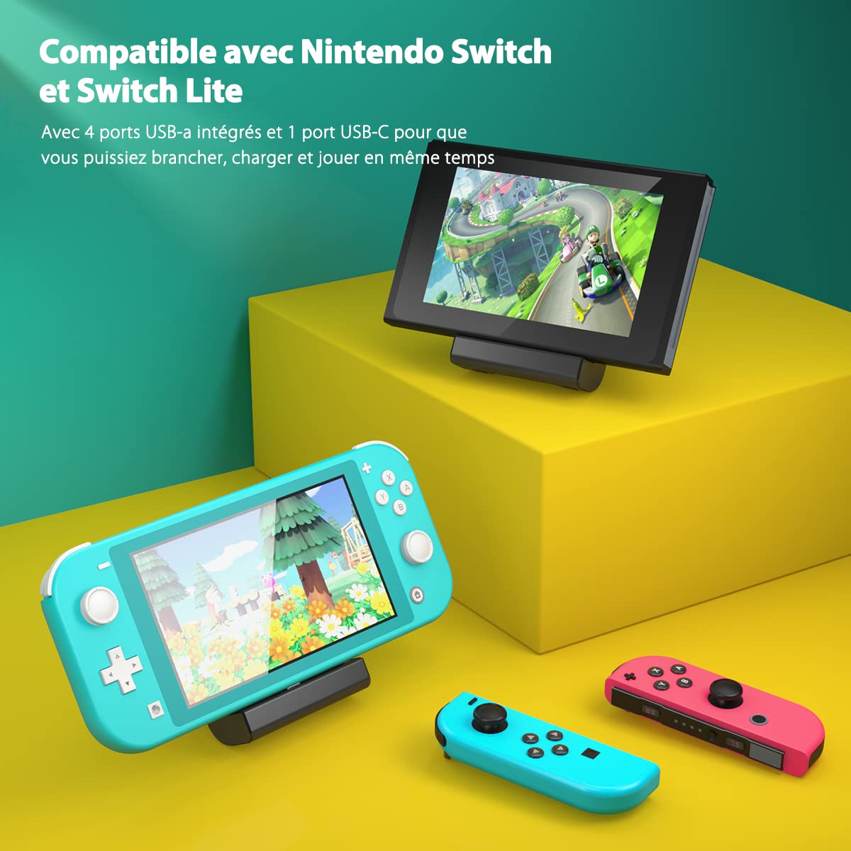 YCCTEAM Switch Dock for Switch Lite, Dual USB Playstand Adjustable Desktop Switch Stand for Switch, with 4 USB Ports,1 AC Adapter Port for Plug and Play