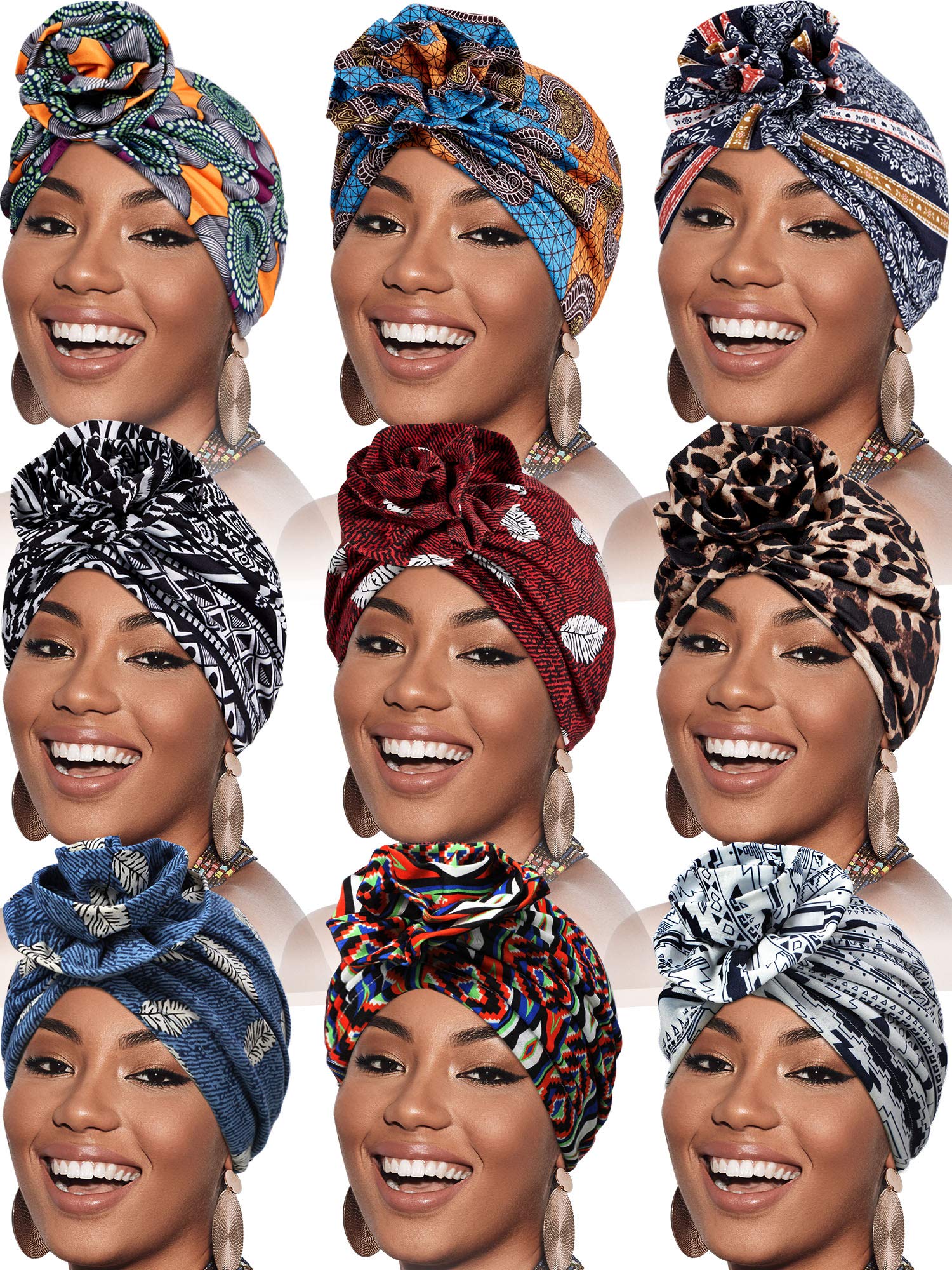 Syhood 9 Pieces African Turban Cap Flower Pattern Headwrap Elastic Knot Pre-Tied Bonnet Beanie Hat for Women Colorful