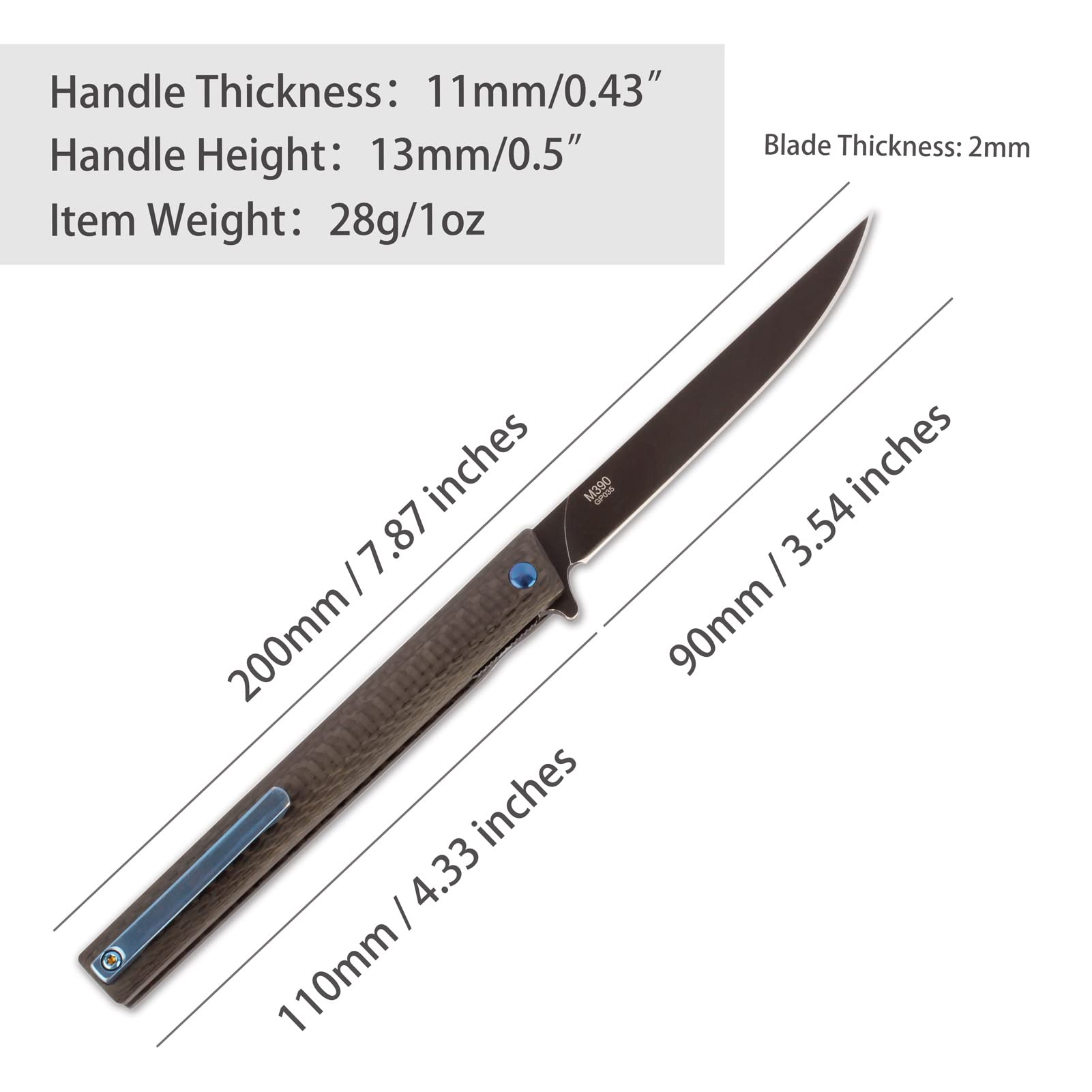 Samior GP035 Small Flipper Pocket Gentlemen's Knife, 3.5 inches Black M390 Drop Point Blades, Carbon Fiber Handle, Titanium Clip, Minimalist Folding EDC Knives