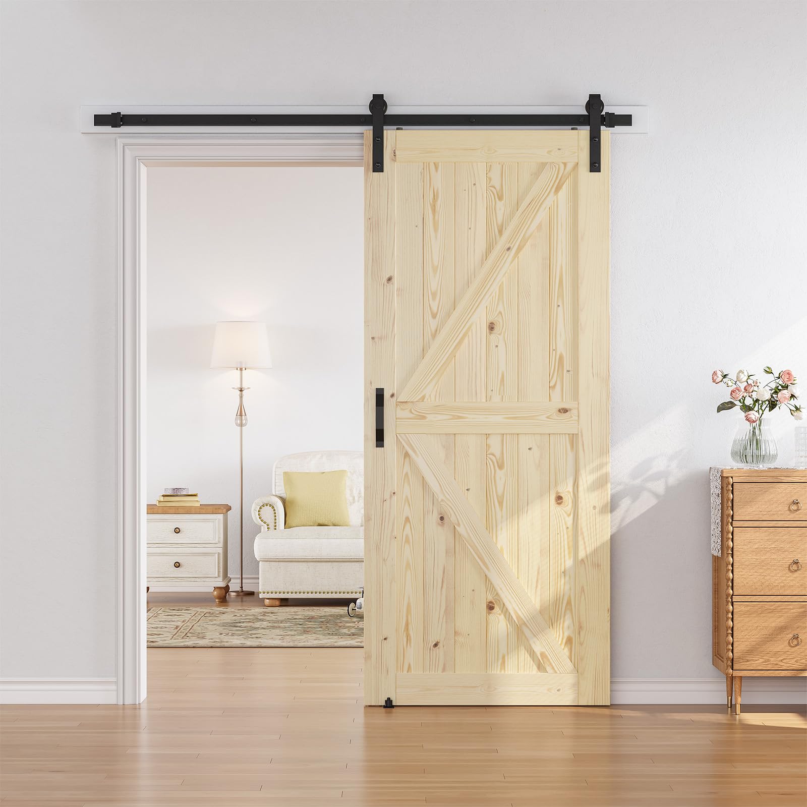 SMARTSTANDARD 36in x 84in Sliding Barn Door with 6.6ft Barn Door Hardware Kit & Handle, Pre-Drilled Ready to Assemble, DIY Unfinished Solid Spruce Wood Panelled Slab, K-Frame, Natural