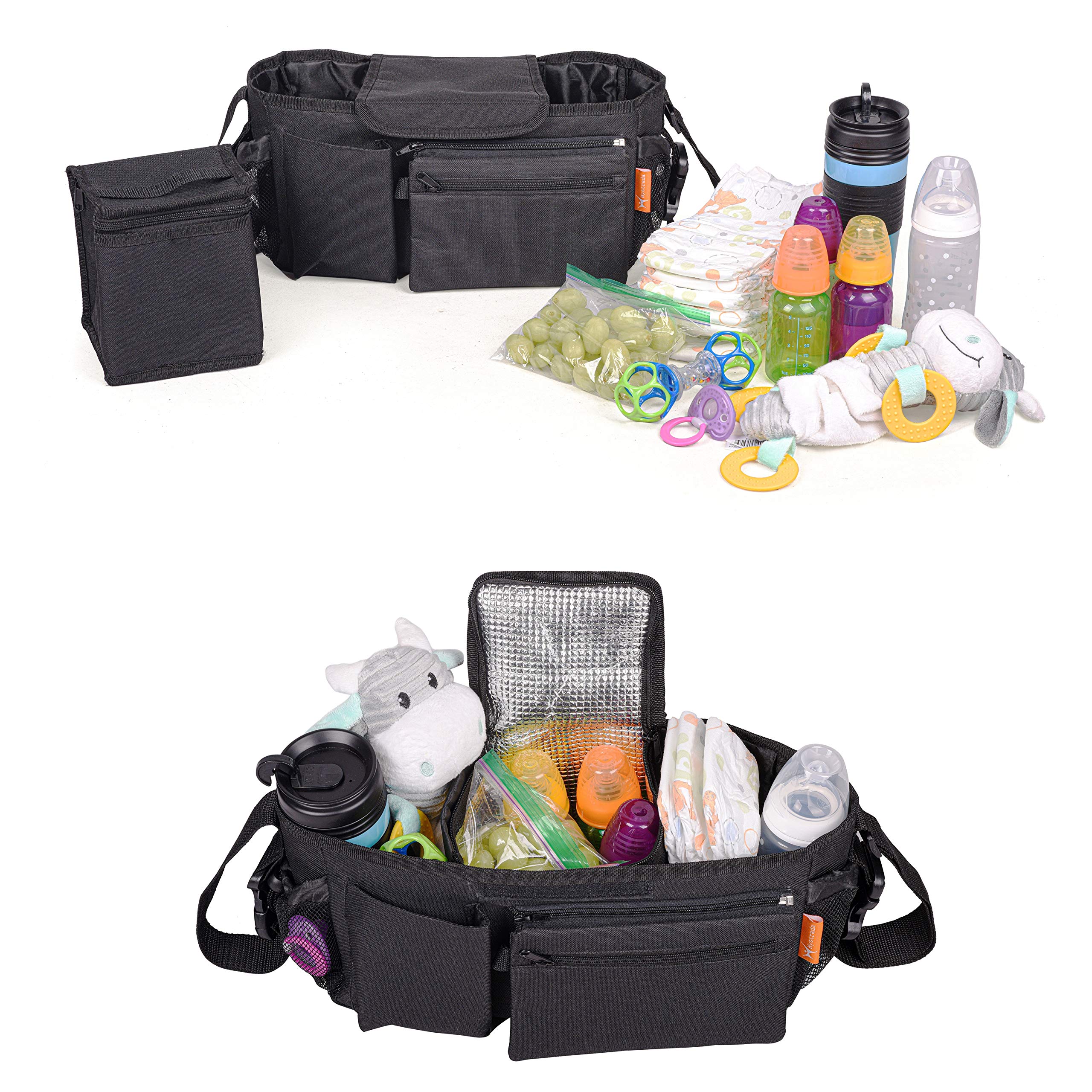 Universal Baby Stroller Organizer –Black Universal Stroller Caddy with Detachable Wristlet, Insulated Cool Bag Insert and Multi-Pocket Storage – Adjustable Shoulder Strap and 2 Bonus Stroller Hooks