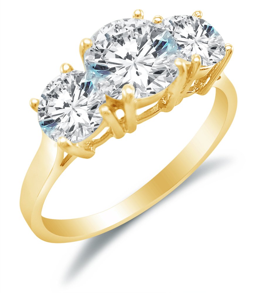 Size 6.5 - Solid 14k Yellow Gold 3 Three Stone Round Brilliant Cut Solitaire with Round Side Stones CZ Cubic Zirconia Engagement Ring 2.0ct.