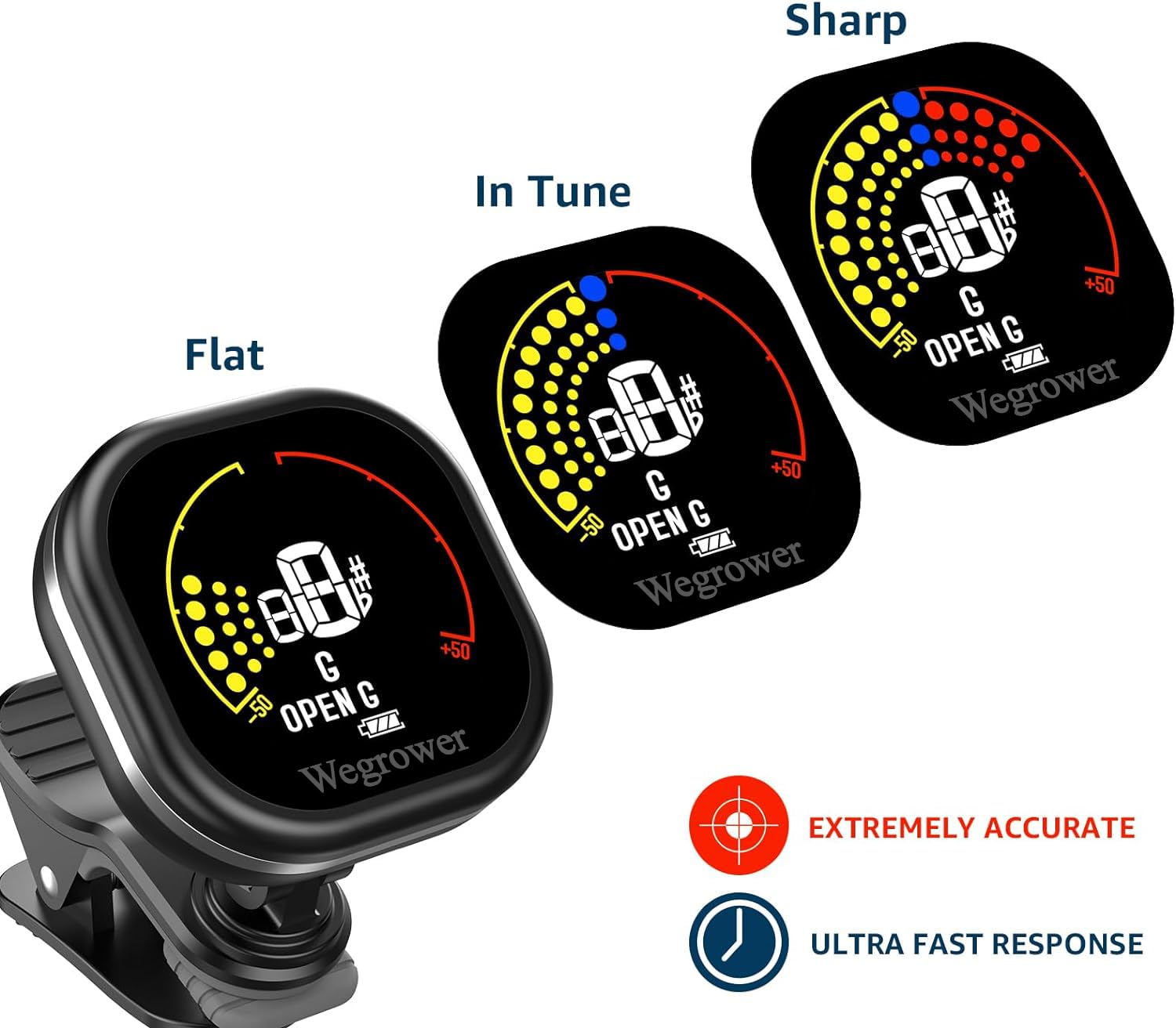 Wegrower Guitar Tuner Rechargeable, Clip On Tuner with LCD Color Display with Guitar, Ukulele, Violin and Chromatic Tuning Modes, Tuners for Musical Instruments