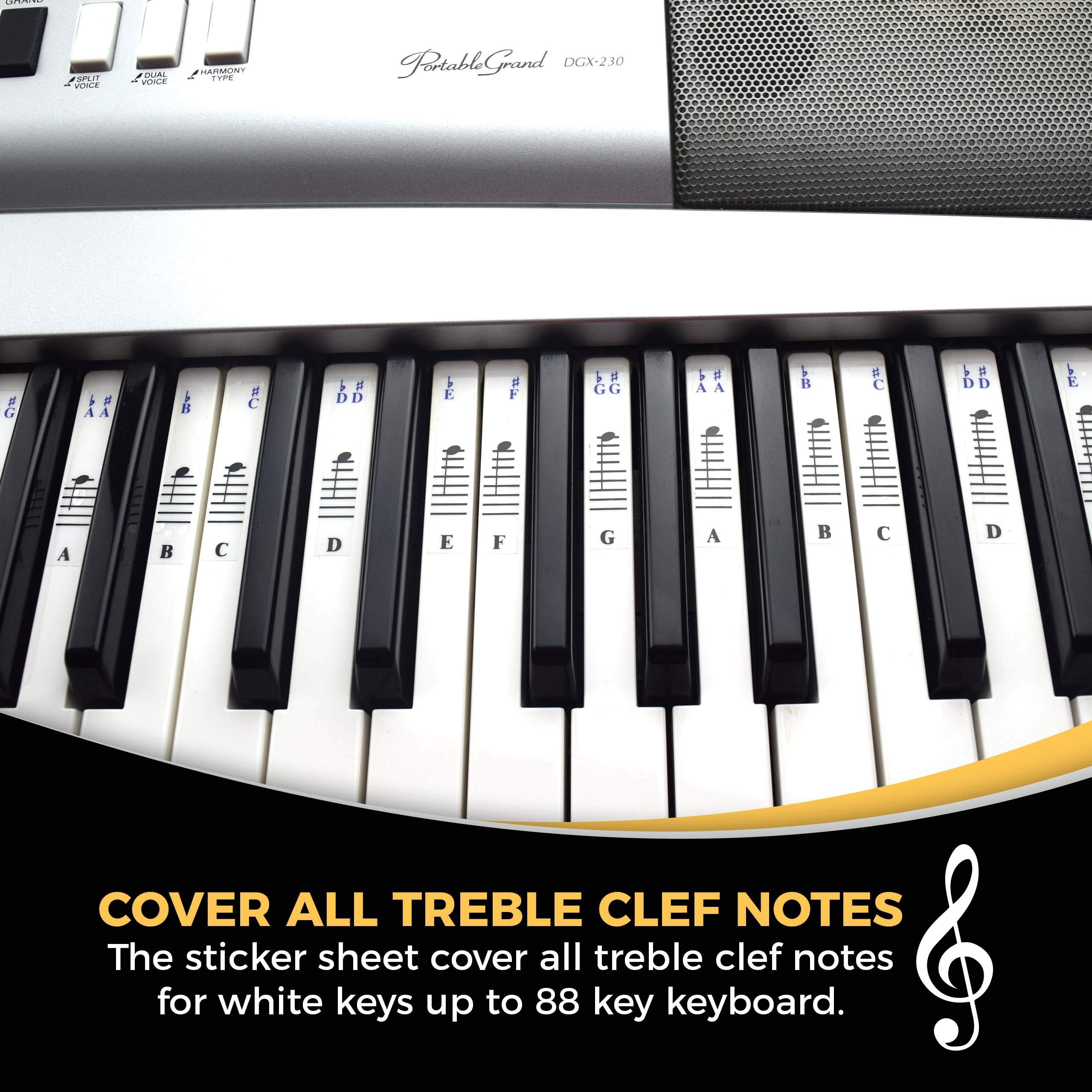 QMG Piano Stickers for 49/61/ 76/88 Key Keyboards – Transparent and Removable; Made in USA