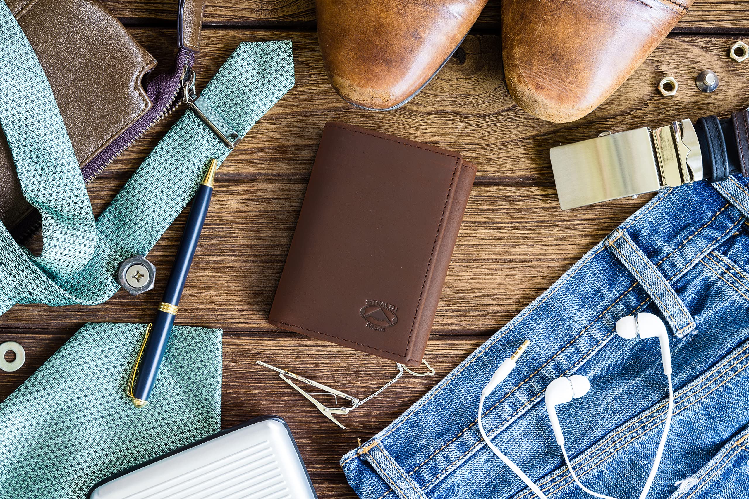 Stealth Mode Trifold Leather Wallet for Men with RFID Blocking (Brown)