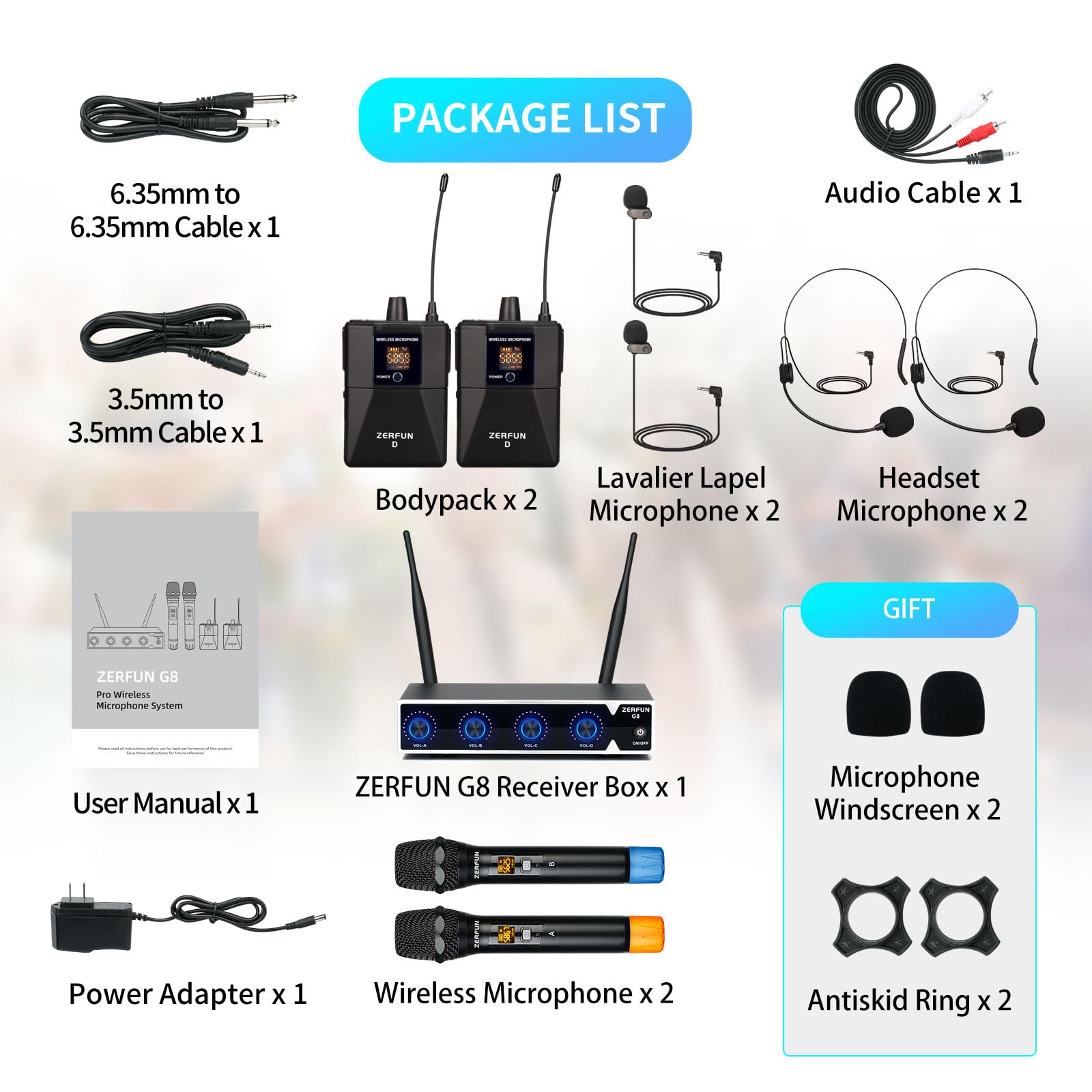 ZERFUN Pro Wireless Microphone System 4 Channel, UHF Metal Cordless Handheld Mics for Church Karaoke Singing, 4x50 Adjustable Frequency(S10 Battery 4 Handheld)