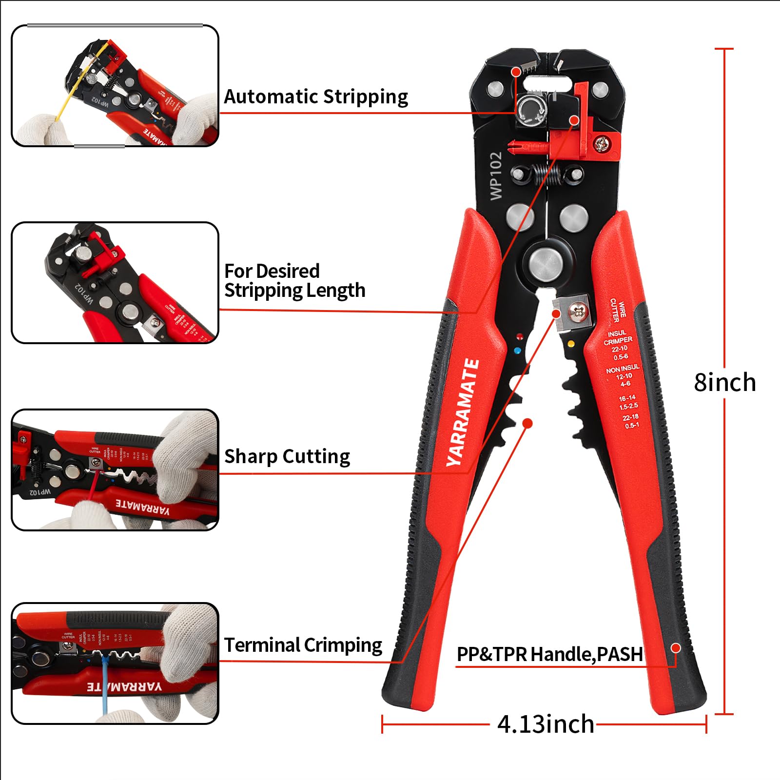 YARRAMATE 10-24 AWG Self Adjusting Wire Stripper/Wire Crimper/Wire Cutter - 3 in 1 Automatic Universal Wire Stripping Tool | Multifunctional Wire stripper and Crimping Tool, 8 Inch