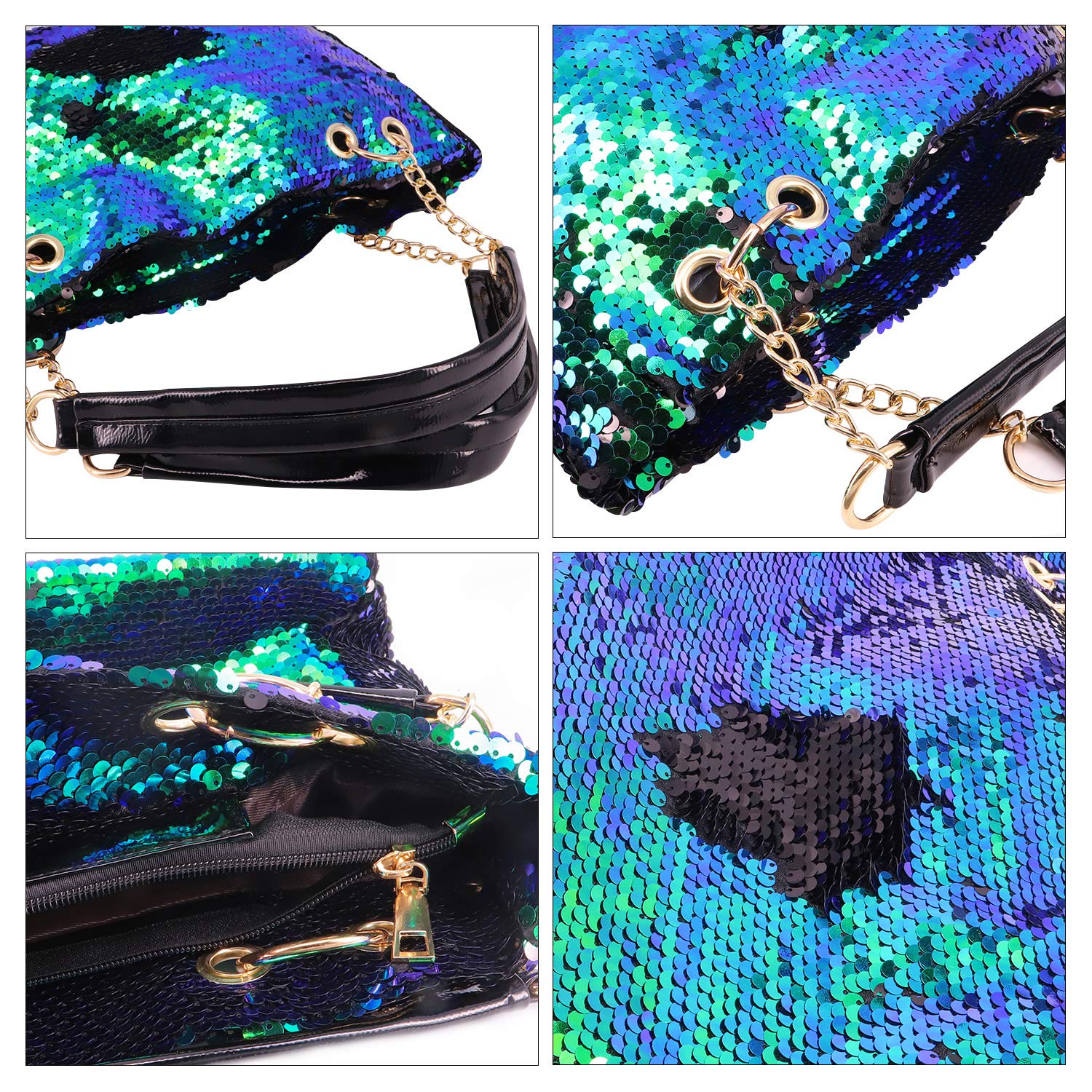 QTKJ Fashion Two Tone Reversible Sequin Tote Bag Zipper Shoulder Bag with Chain and Leather Straps (Green)