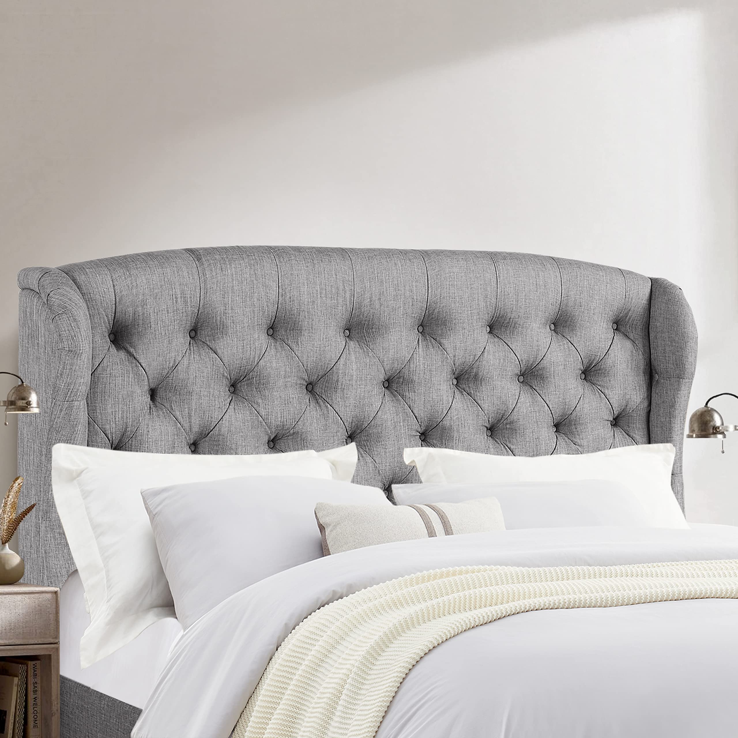 Rosevera Torrey Wingback Bed/Tufted Headboard Adjustable Height Bed Frame/Fabric Upholstered Bed Frame/Wood Slat Support/Easy Assembly,Twin,Gray