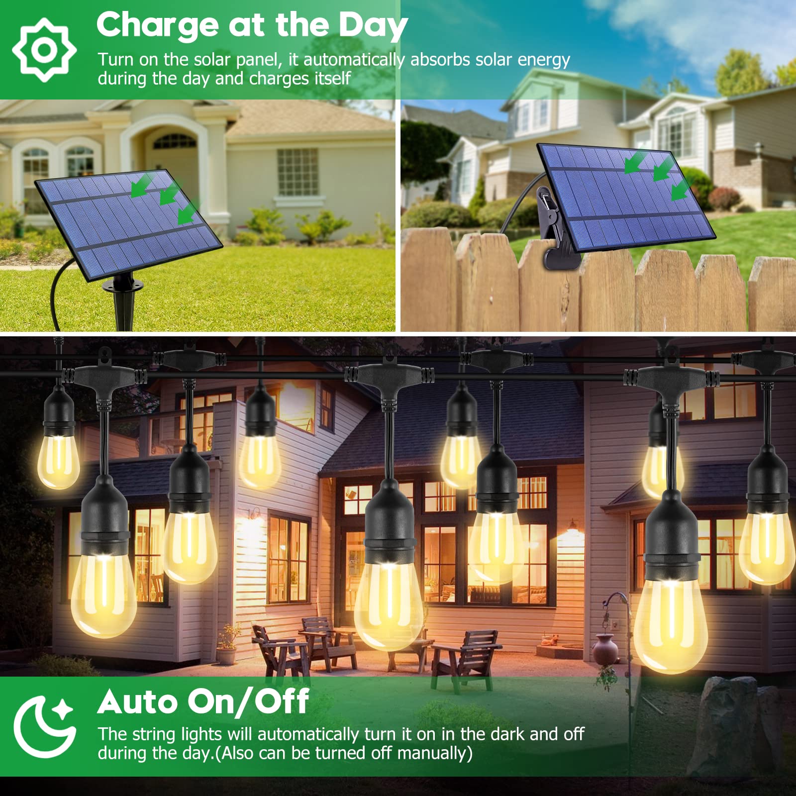 TDLOL 35FT Solar String Lights Outdoor Waterproof, Outdoor String Lights Solar Powered, Patio Lights with S14 Shatterproof Sockets, IP65 Commercial Grade LED Solar String Lights for Outside