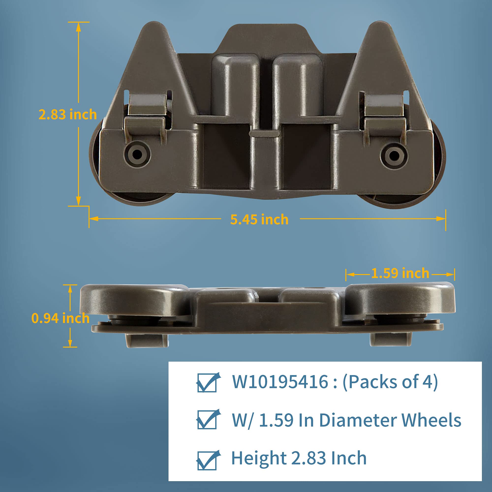 UPGRADED W10195416 (Packs of 4), Resistant to Rust Dishwasher Wheels Lower Rack for Kitchenaid Whirlpool Maytag Kenmore. Dishwasher Rack Parts W10195420 AP5983730 W10579095A Replacement Wheels