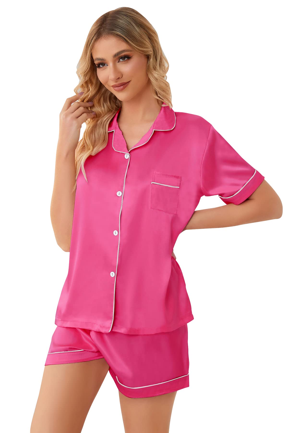 Schbbbta Satin Pajamas for Womens, 2 Pcs Sleepwear Short Sleeve Silk Satin Pajama Outfit for Girls, Hot Pink, US S