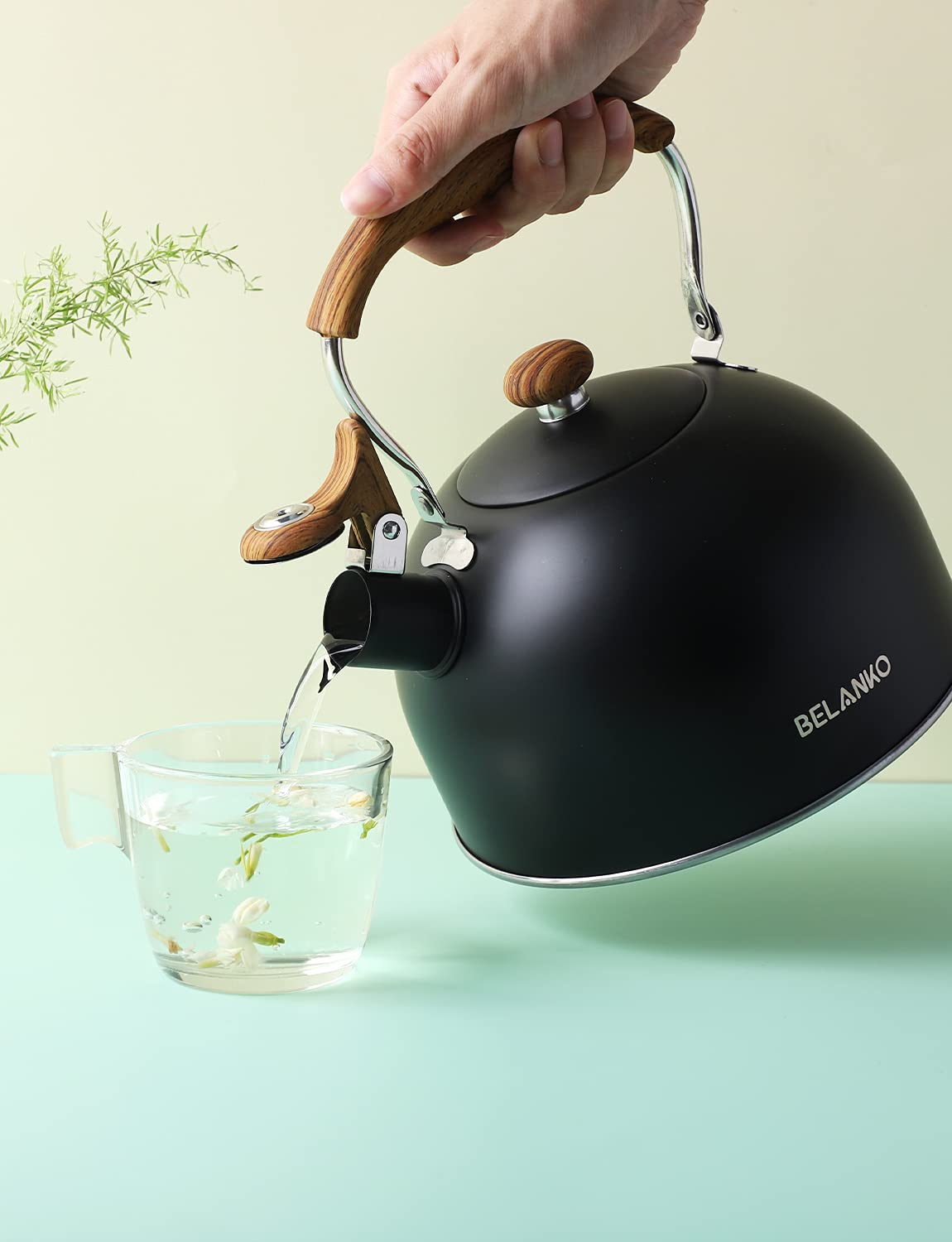 Tea Kettle, BELANKO 85 OZ / 2.5 Liter Whistling Tea Kettle, Tea Pots for Stove Top Food Grade Stainless Steel with Wood Pattern Folding Handle, Loud Whistle Kettle for Tea, Coffee, Milk - Black