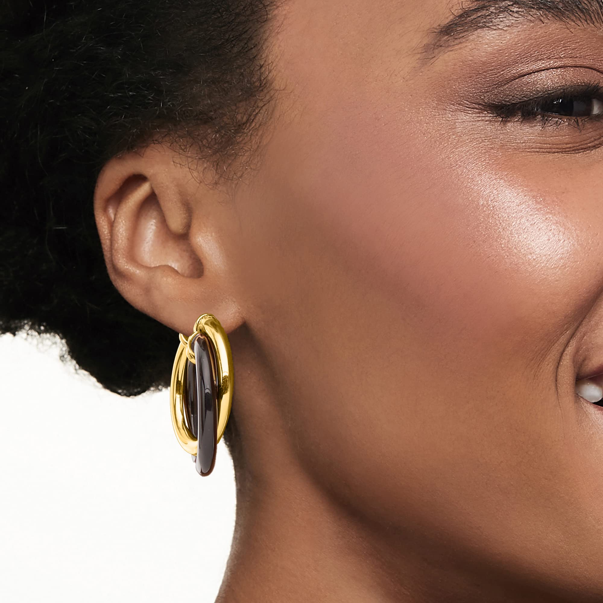 Ross-Simons Andiamo 14kt Yellow Gold and Black Onyx Hoop Earrings