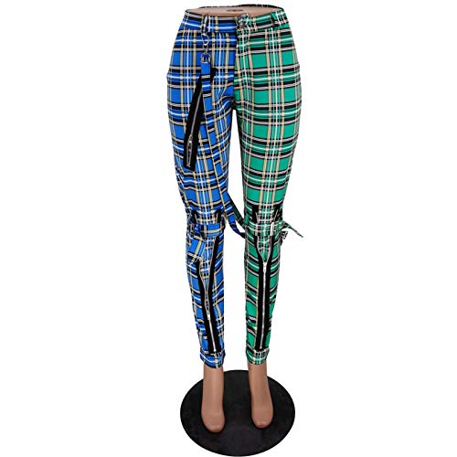 Women's Casual Plaid Color Block Sweatpants Stretchy High Waist Work Skinny Pants Blue + Green Medium