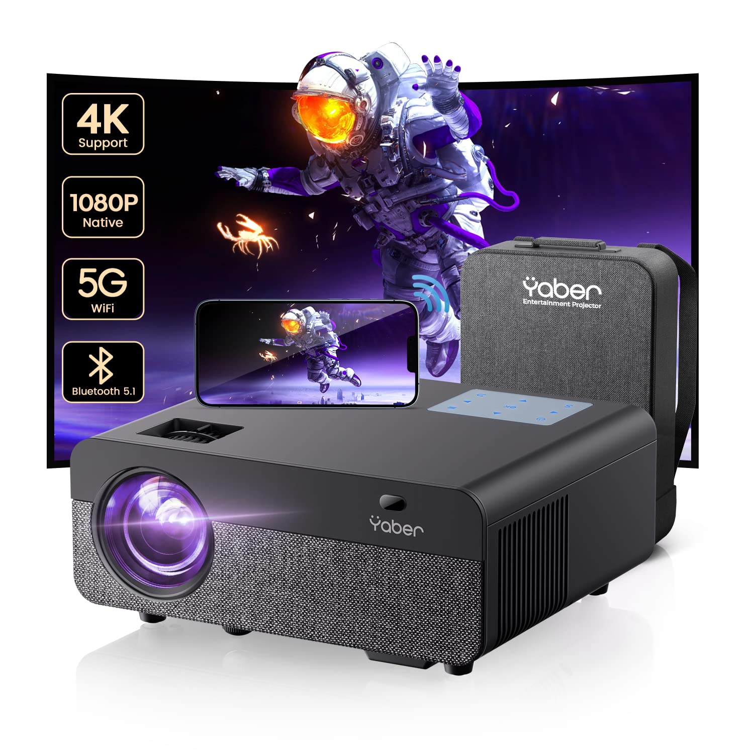 YABER 5G WiFi Bluetooth Projector, 18000LM Native 1080P Projector 4K Support, Outdoor Movie Projector with Screen, Max 200" 4P/4D Keystone 50% Zoom Full Sealed Optical 4K Projector (Black)