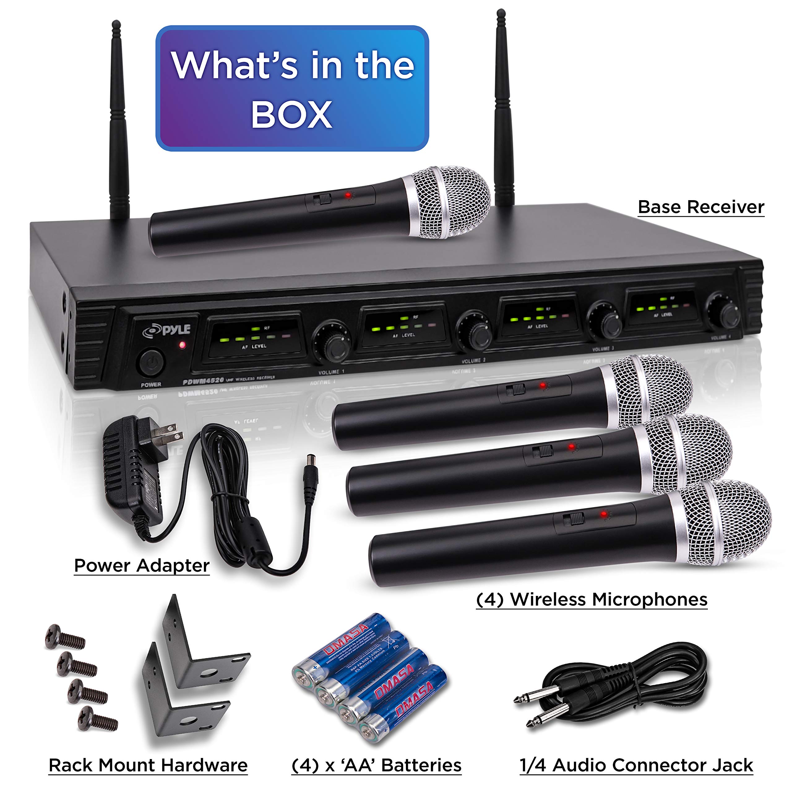 Pyle 4 Channel Wireless Microphone System-Portable UHF Audio Set with XLR Jack-4 Handheld Dynamic Mic, Receiver, Dual Antenna, Power Cable Adapter-for Karaoke, PA, DJ Party Pro PDWM4520