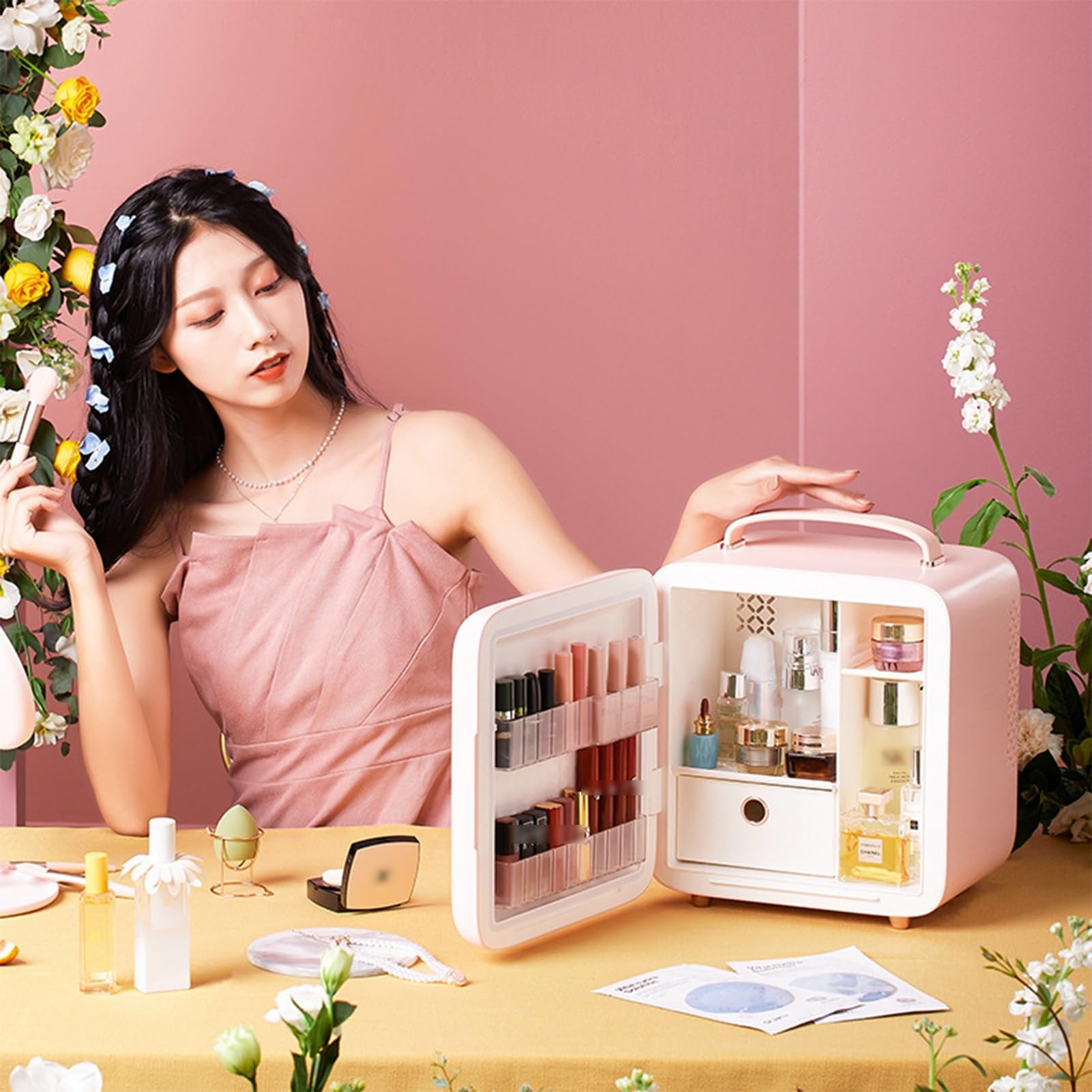 SZIPJAMP Small Beauty Refrigerator 9L Personal Cosmetics Storage Box Portable Skin Care Protector with Interior Led Light Freezer for Bedroom Bathroom Vanity