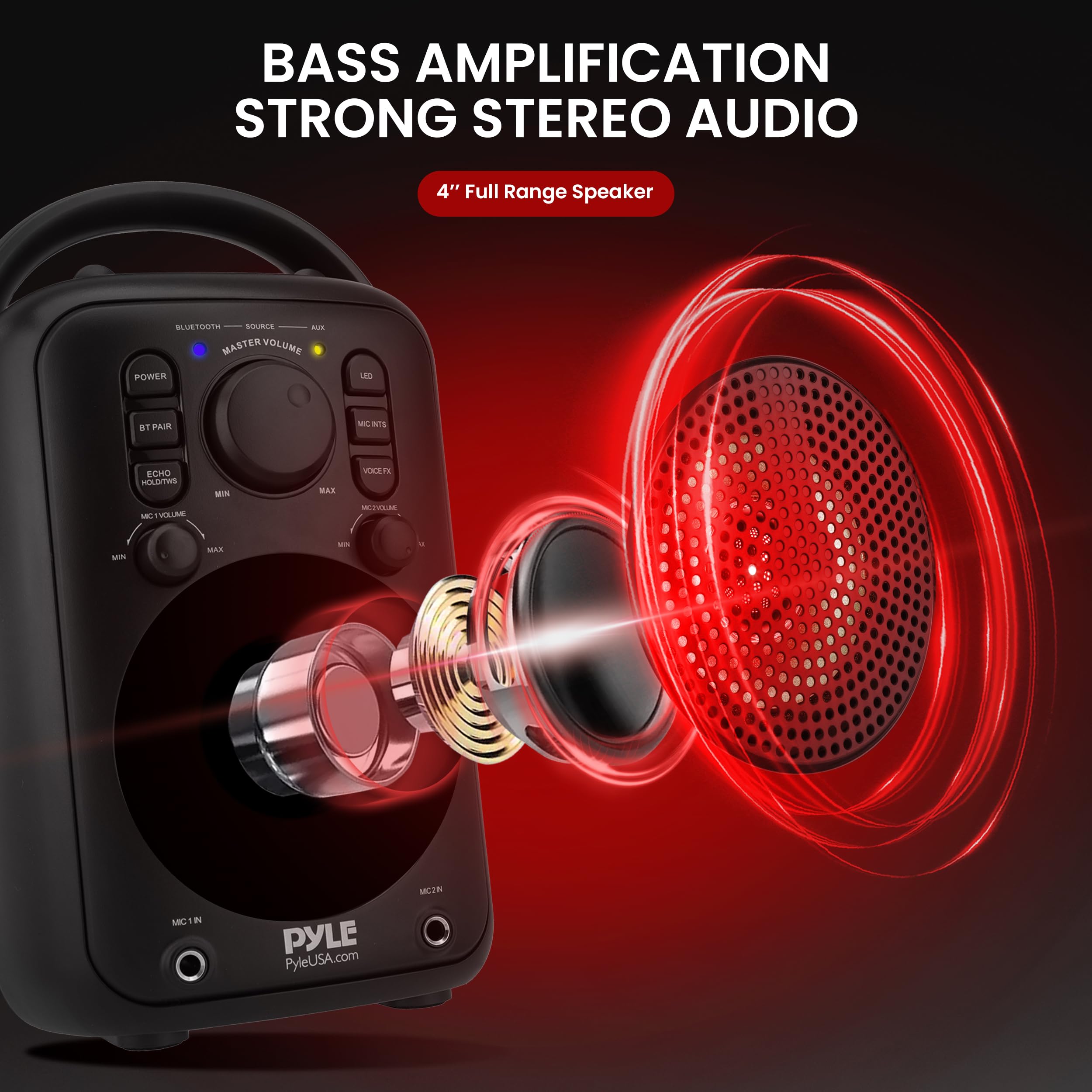 Pyle 4β Wireless BT Streaming Speaker - Portable Audio Speaker, with Two Microphones and Stand to Put Mobile Phone, 5.0 Bluetooth, Big Bass & Clear Sound, MP3, Classic Karaoke SystemP