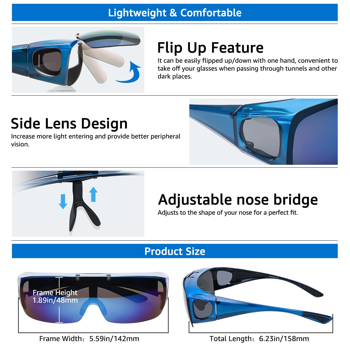 TINHAO Mens Polarized Flip Up Fitover Sunglasses with Mirrored Lenses (Blue, Blue)