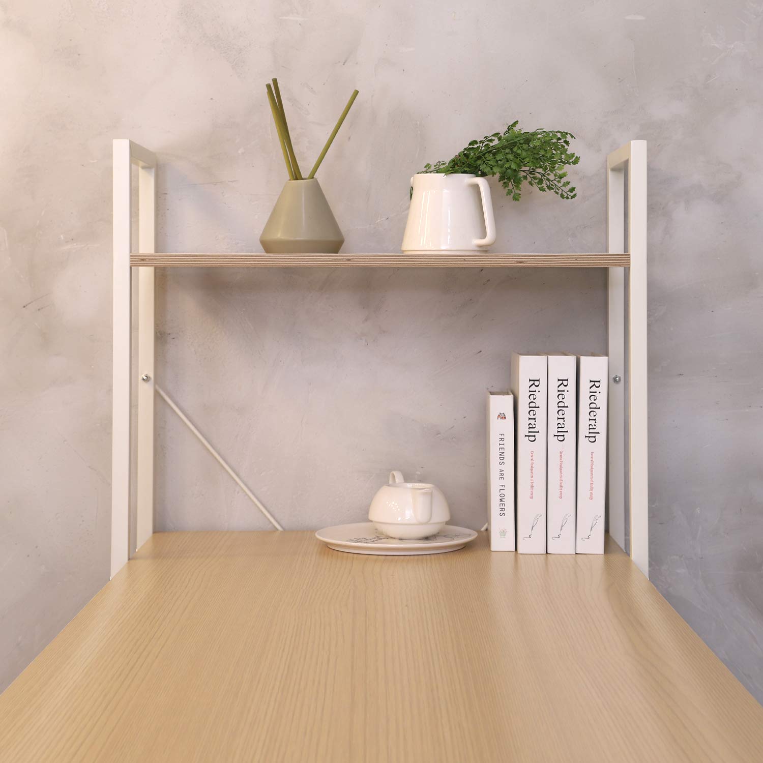 SOFSYS Alpha Series 55.1β Computer Desk with Bookshelf Storage, All-in-One Workstation with Long Table Working Surface, Multi-Tiered Shelving for Home Office or Gaming, Oak/White