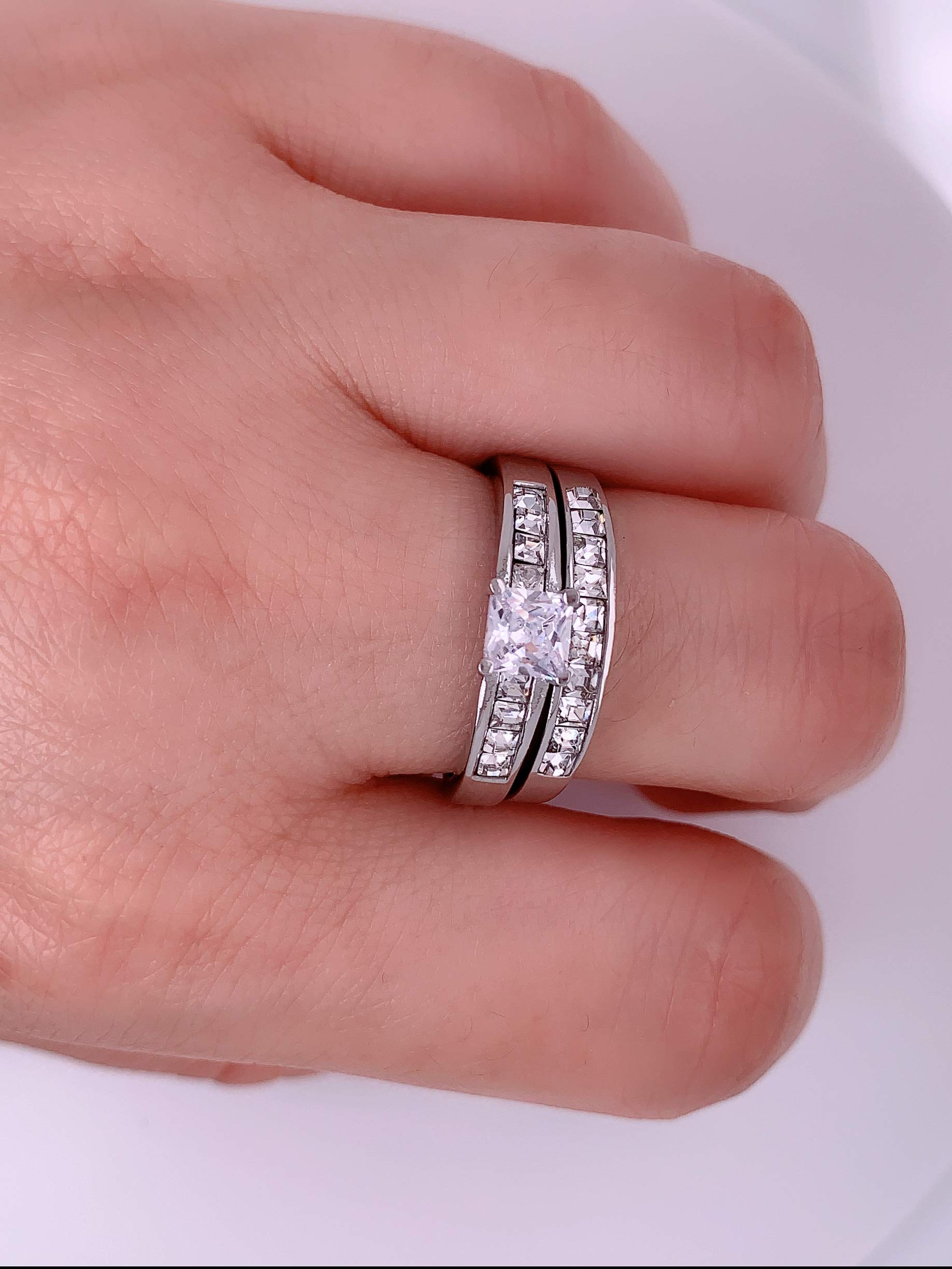 Stainless Steel Princess Cut Wedding Ring Sets for Women White Cubic Zirconia Engagement bridal Set size 5 to 10
