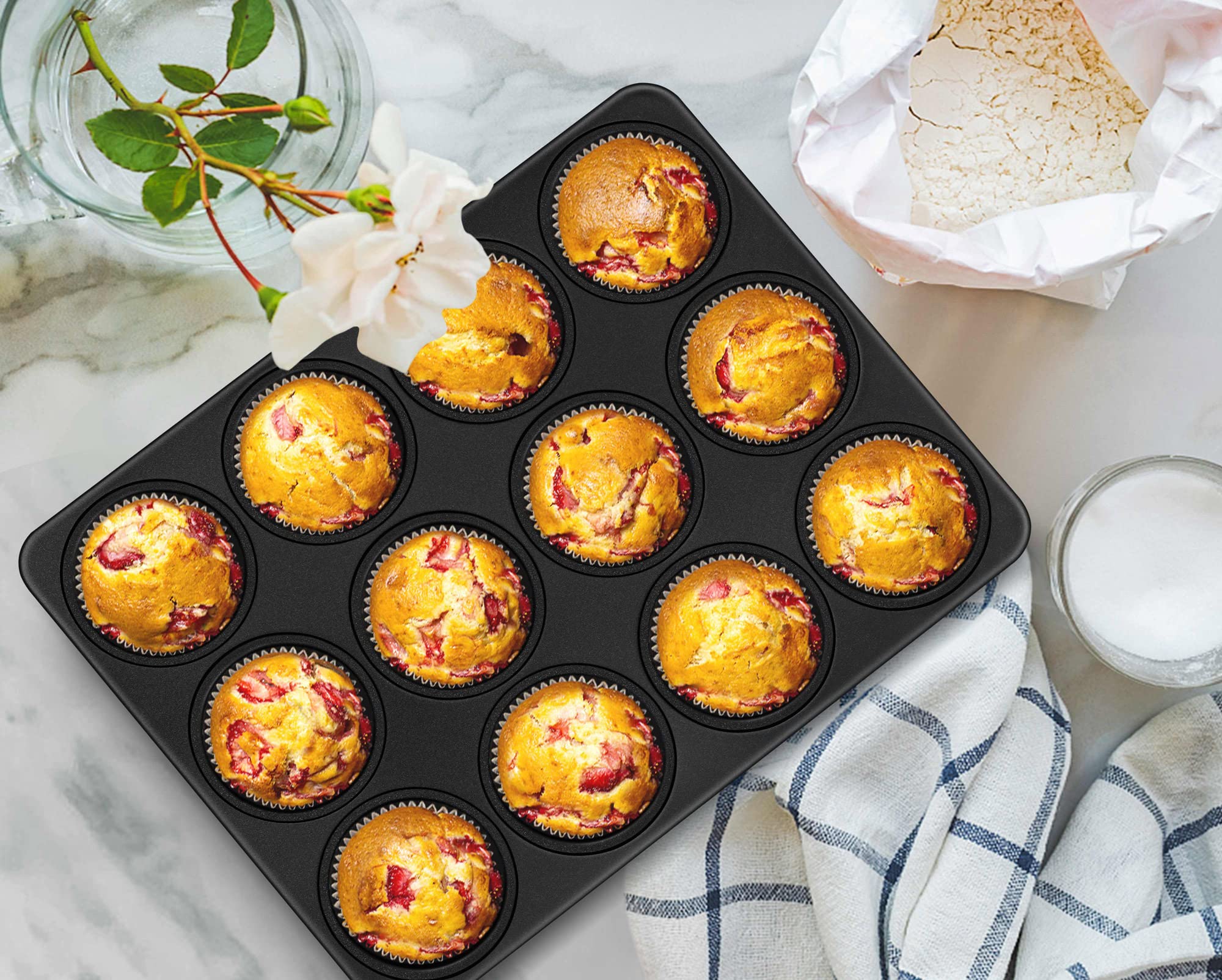 TeamFar Muffin Pan, 12 Cup Cupcake Pan Muffin Tin with Stainless Steel Core & Nonstick Coating, for Baking Muffins Cupcakes, Healthy & Welded Firmly, Easy Release & Clean, Oven Safe–Set of 2