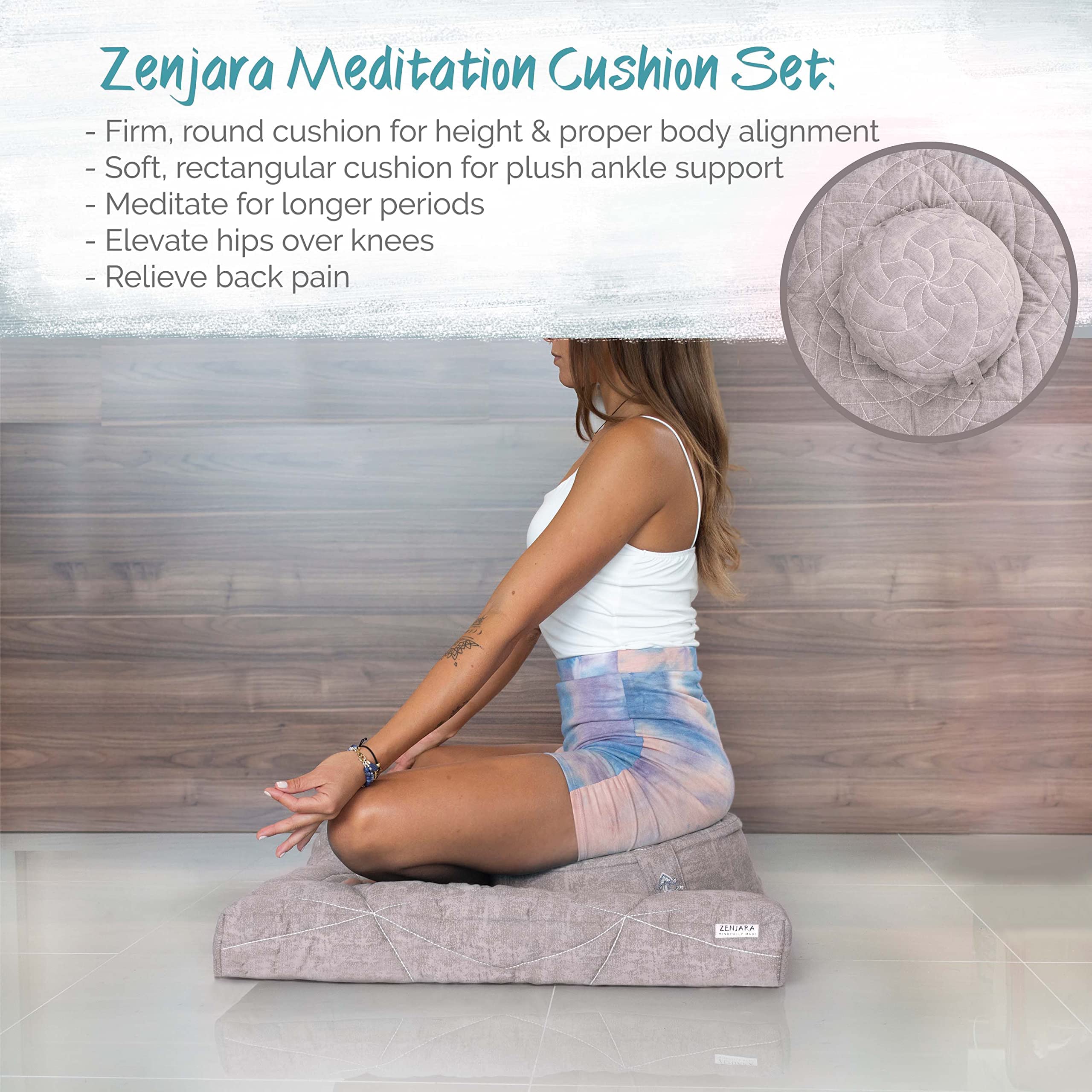 Zenjara Zafu and Zabuton Yoga Meditation Cushion Set | Cloud Grey | Plush and Firm | 100% Cotton Machine Washable Mandala Coversā¦