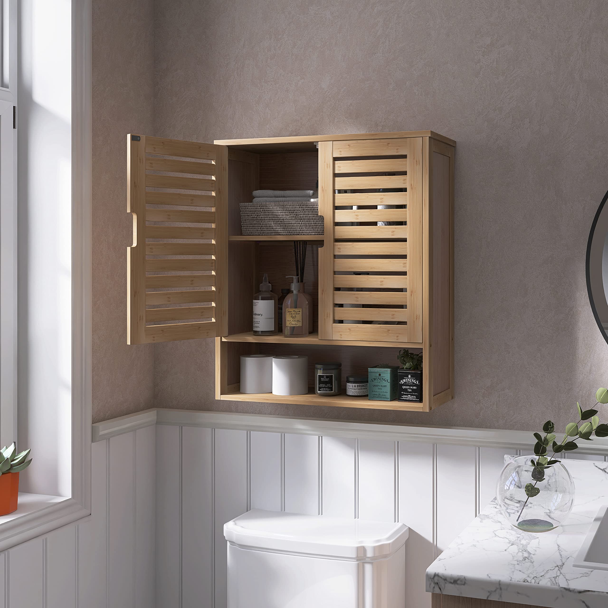 SMIBUY Bathroom Cabinet Wall Mounted, Bamboo Over-The-Toilet Storage Organizer, Space Saver Medicine Cabinet with 2 Door and Adjustable Shelves (Natural)