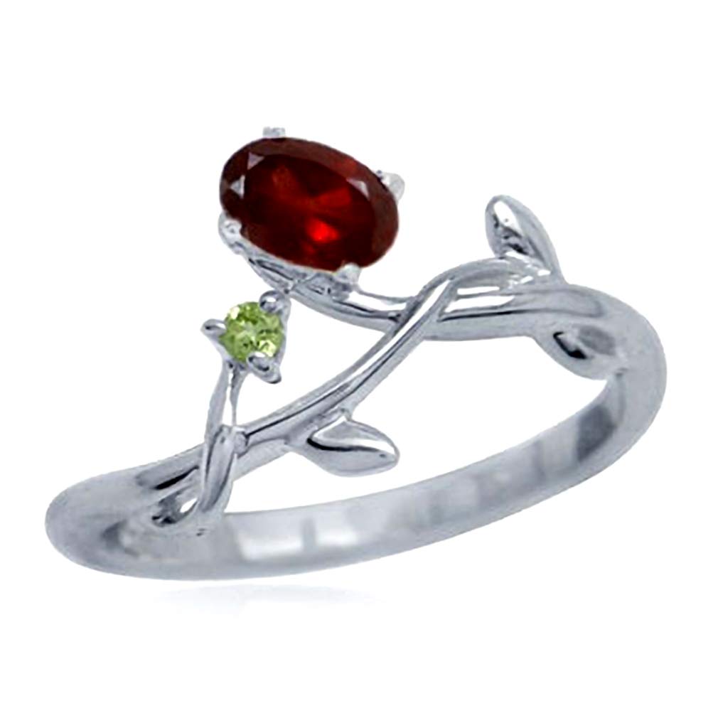 Silvershake Natural Garnet and Peridot White Gold Plated 925 Sterling Silver Vine Leaf Ring Size 4.5