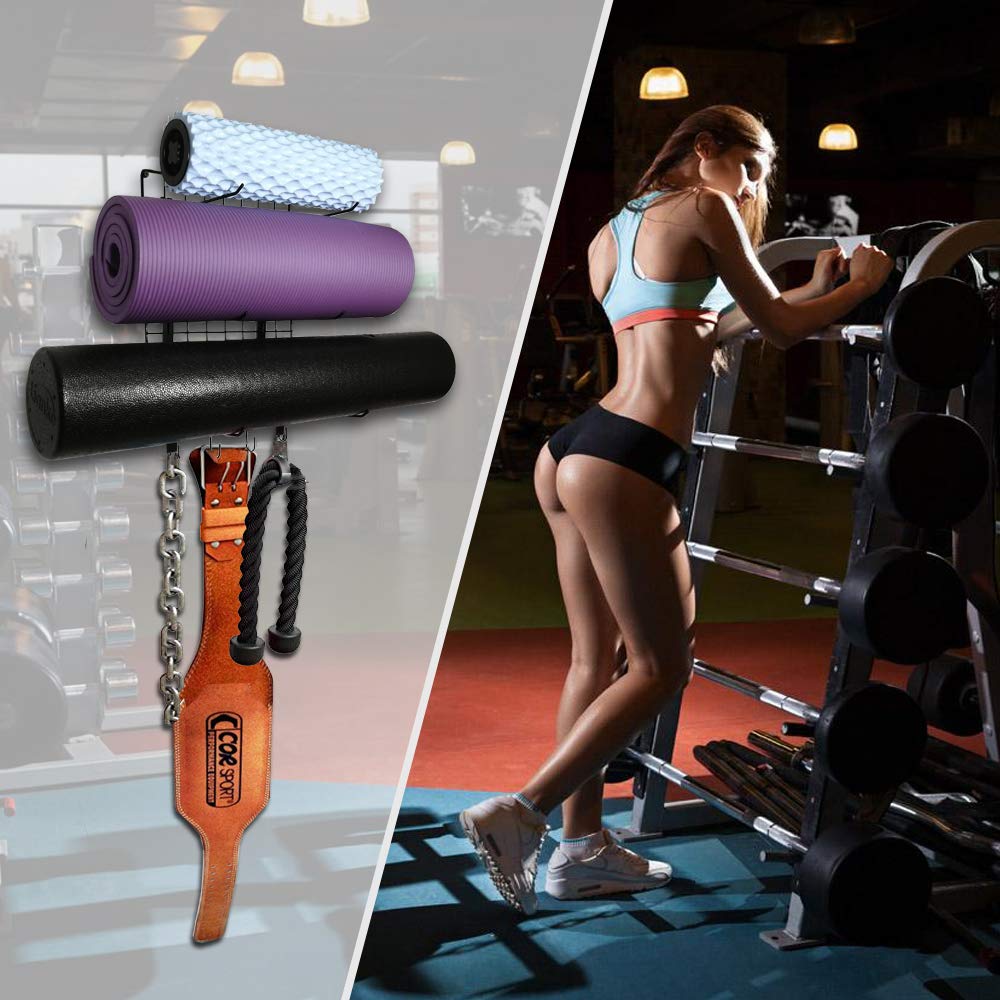 Yoga Mat Holder Wall Mount Yoga Mat Rack Foam Rollers Holder, Adjustment Spacing Exercise Equipmen with 3 Hooks for Hanging Yoga Strap Resistance Bands Ropes
