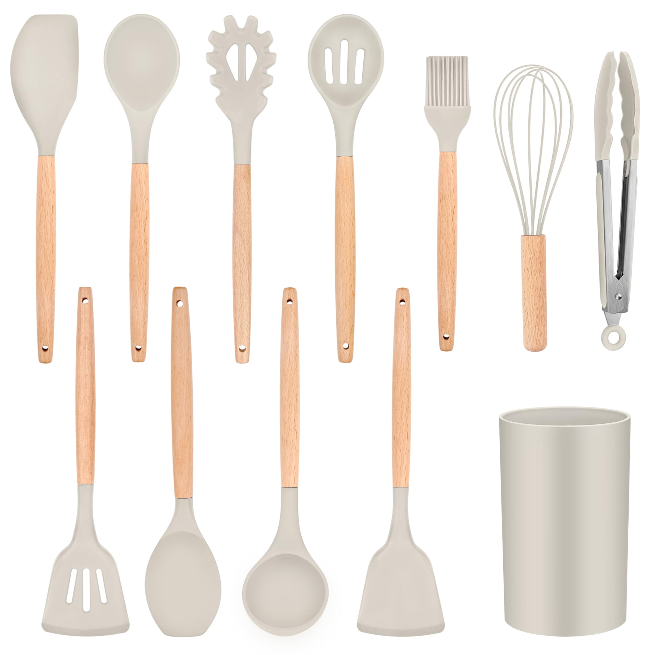 TeamFar 12Pcs Kitchen Cooking Utensils Set, Silicone Kitchen Gadgets Utensil Set for Nonstick Cookware with Wooden Handle, Spatula Spoon Turner, Non-Toxic & Non-Stick, Heat-Resistant, Black