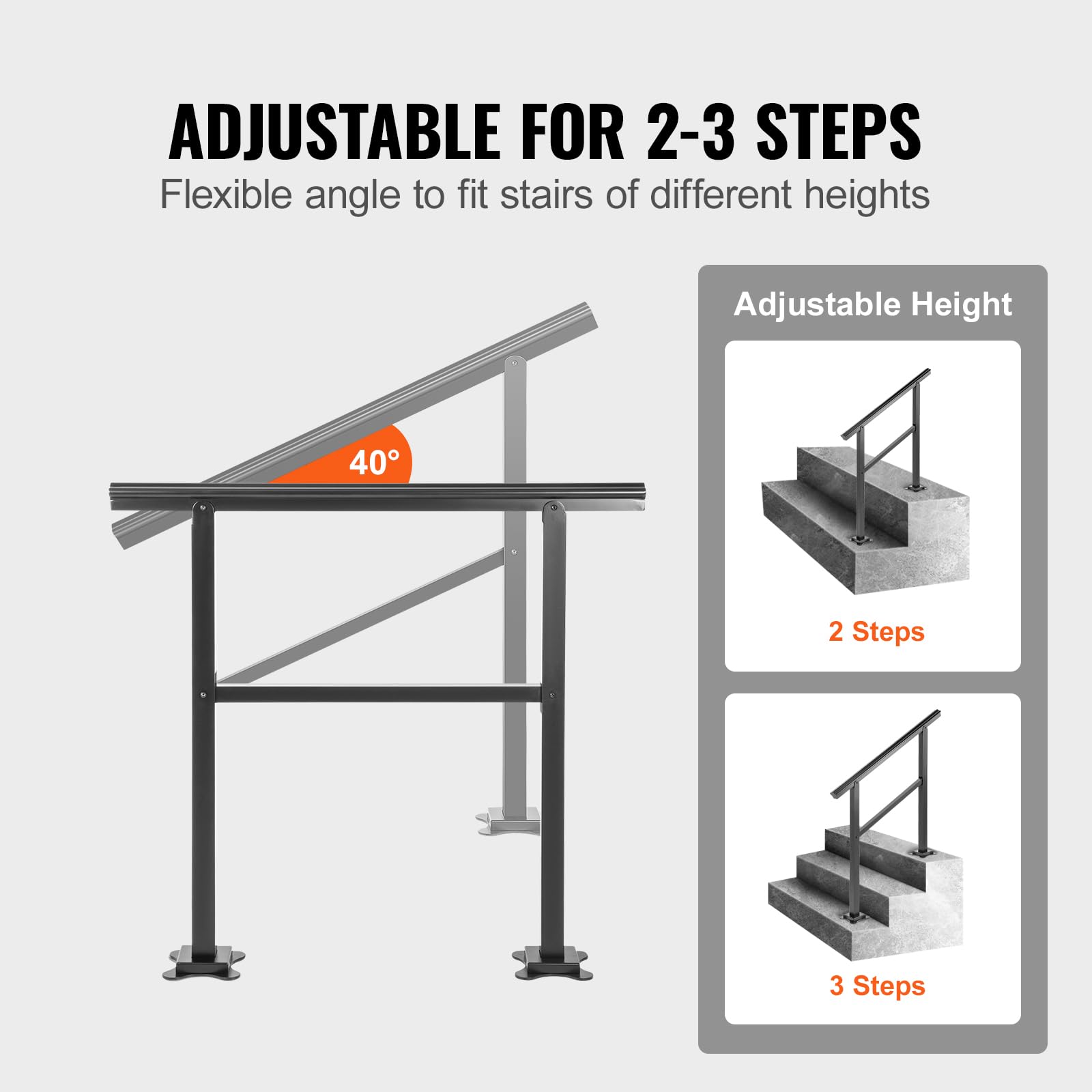 VEVOR Handrail for Outdoor Steps, 2-3 Steps Outdoor Handrail, Adjustable Aluminum Staircase Handrail, Thickened Stair Railings for Porch Railing, Deck Handrail