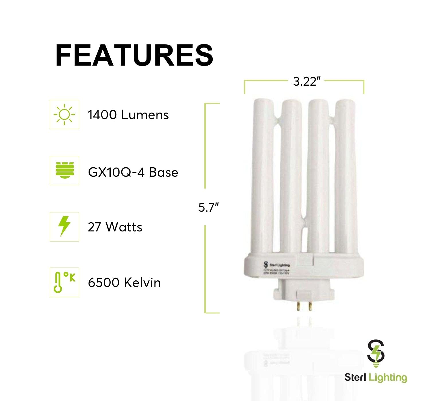 Sterl Lighting – GX10Q-4 Base FML Lamp 27 Watt Replacement Bulb for Desk or Small Floor 4 Prong Reading Quad Tube Compact Fluorescent Lamp CFML27 110/220 Volts 5.7In 1400Lm 6500K Day Light – 2 Pack