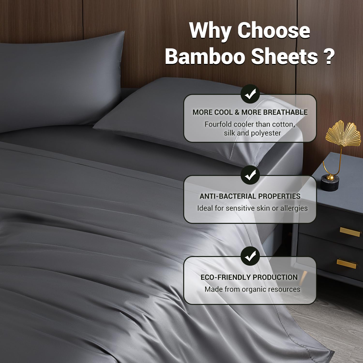 Shilucheng 4-Piece Full Size Sheets Set,Rayon Derived from Bamboo_,Cooling & Breathable Bed Sheets, Silky Bedding Sheets & Pillowcases, 16 Inch Deep Pockets (Full,Dark Grey)