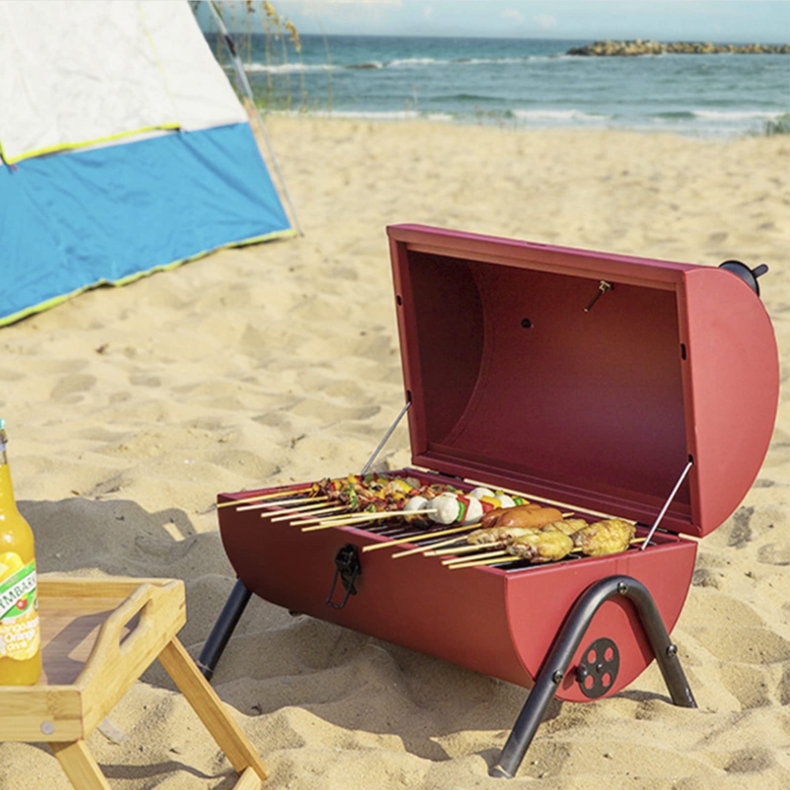 Portable Charcoal Grill Mini BBQ Grill with Lid and Thermometer, Tabletop Small Barbecue Grill & Smoker, Compact Outdoor Cooking Grill for 3-5 People Backyard Picnics Beach Camping,Red