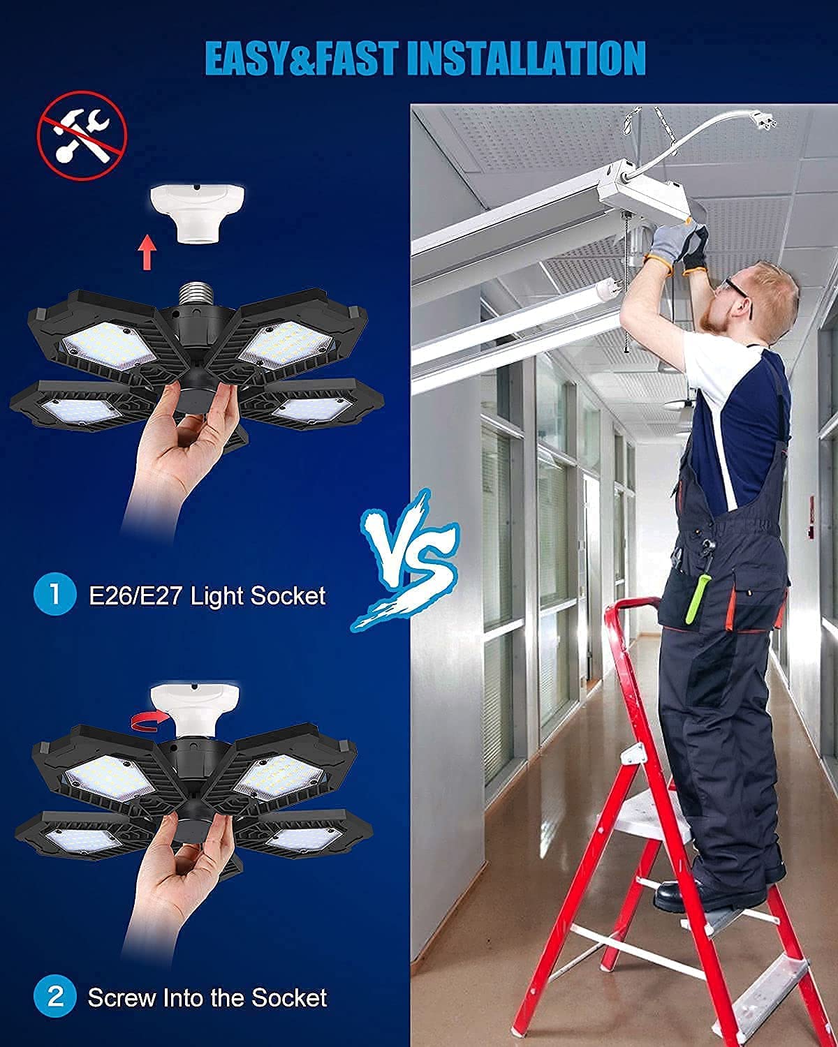 TANBABY 2 Pack LED Garage Lights, 100W Deformable Best Garage Light Ceiling LED Shop Lights, 10000LM E26/E27 LED Light 6500K Garage Lighting with 4+1 Adjustable Panels Garage bulb for Garage, Basement