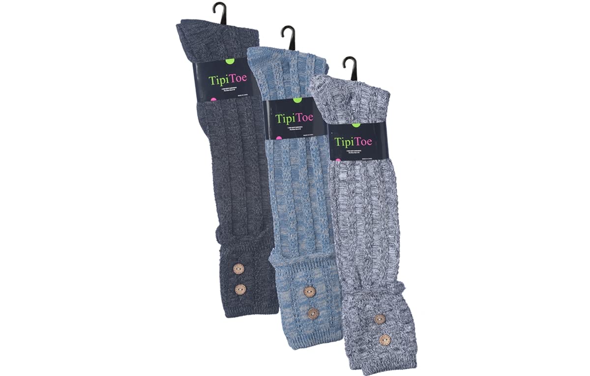 Tipi Toe Women's 3-Pairs Winter Warm Knee High/Over The Knee With Buttons Cotton-Blend Boot Socks KH01-A