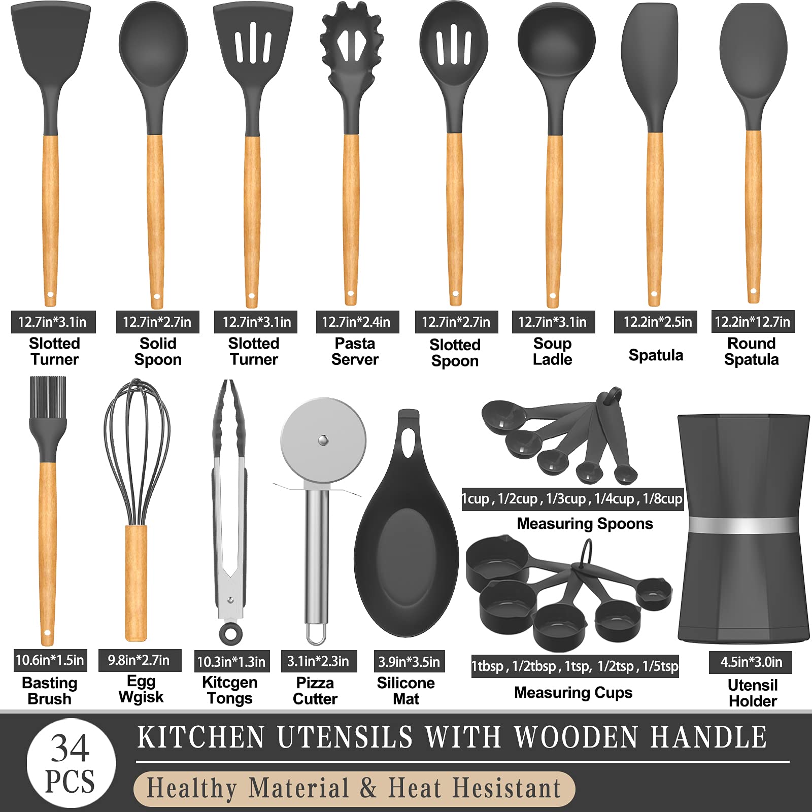 Silicone Cooking Kitchen Utensil Set, Umite Chef 34pcs Heat Resistant Kitchen Utensils with Holder, Kitchen Spatula Set with Wooden Handle, Kitchen Gadget Tools for Nonstick cookware-Grey(BPA Free)
