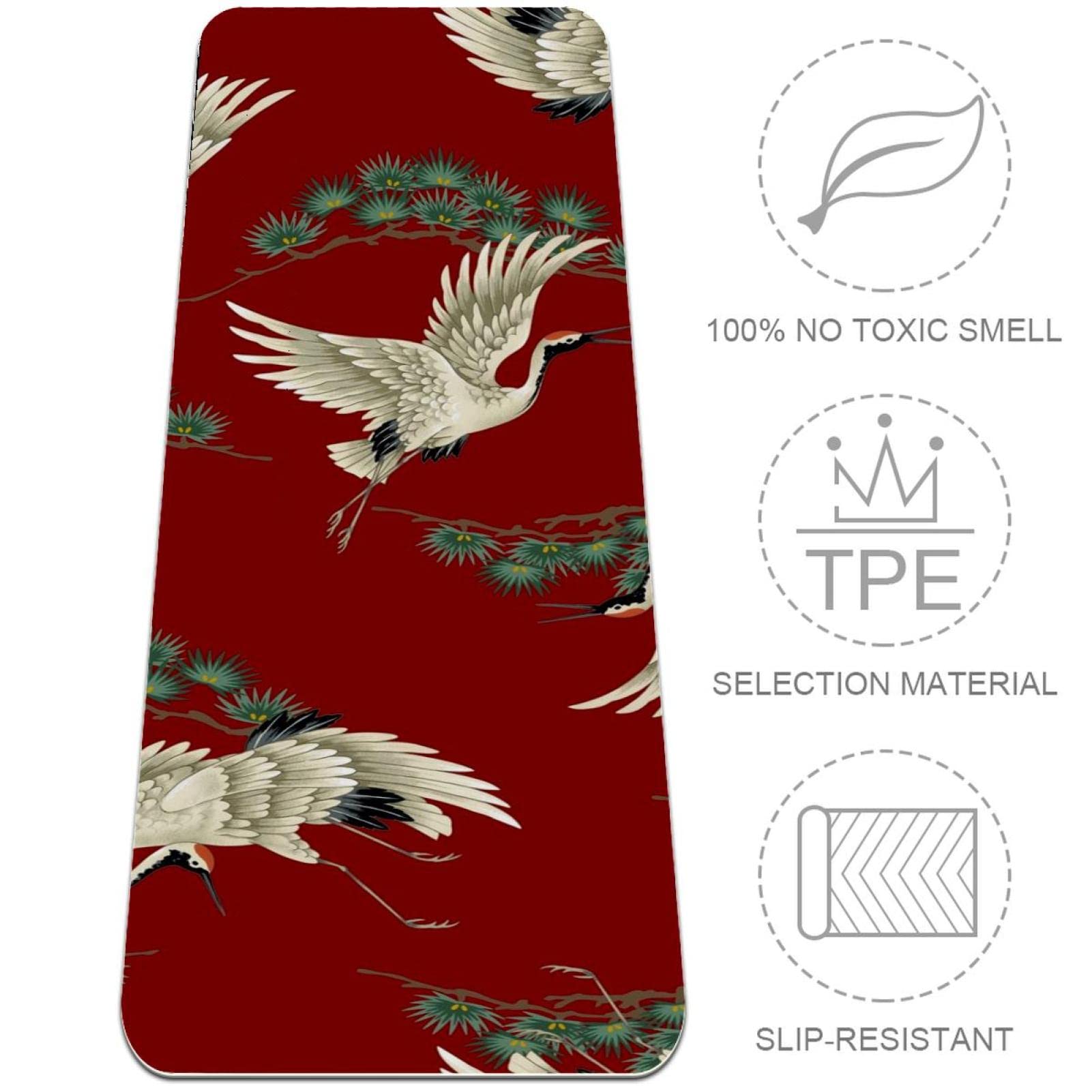 Yoga Mat, Yoga Mats for Home Workout, Workout Mat, Exercise Mats, Pilates Mat, bird crane seamless red pattern