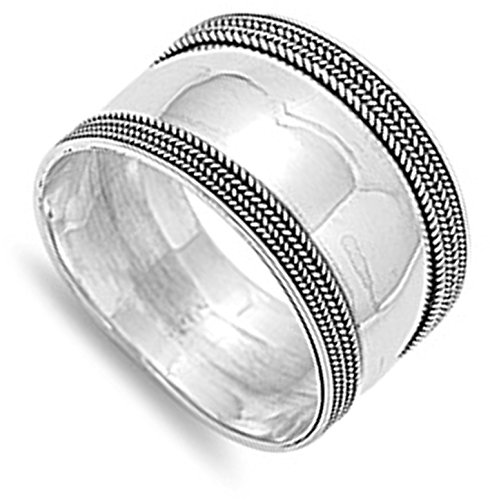 Sterling Silver Women's Bali Ring Wide 925 Band Rope Milgrain Look Size 10
