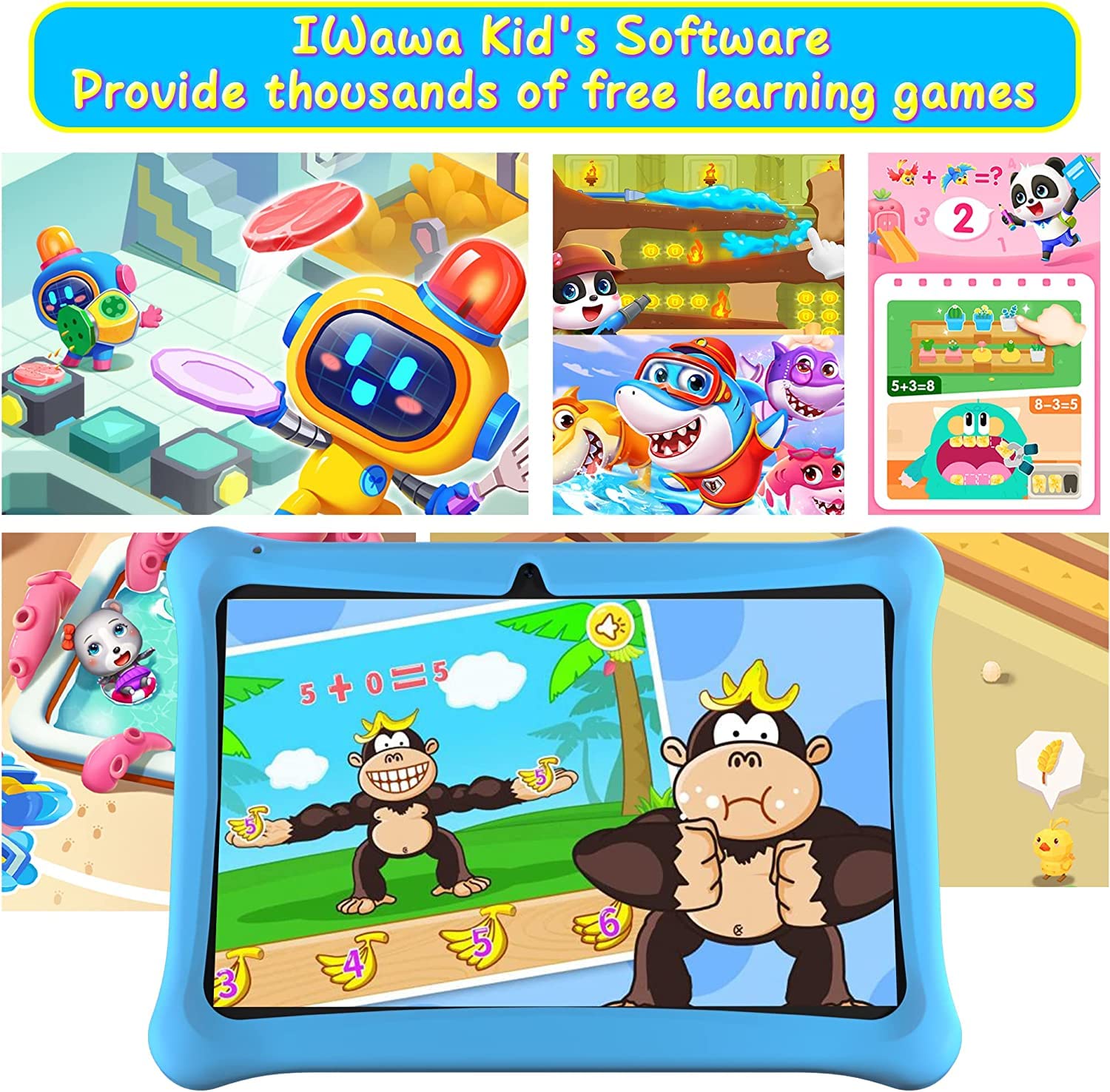 SGIN Kids Tablet, 10 Inch 2GB+64GB Tablet for Kids, Android 12 Kids Tablets with Case, WiFi, Dual Camera, Parental Control APP, Educational Games，iWawa Pre Installed (Blue)