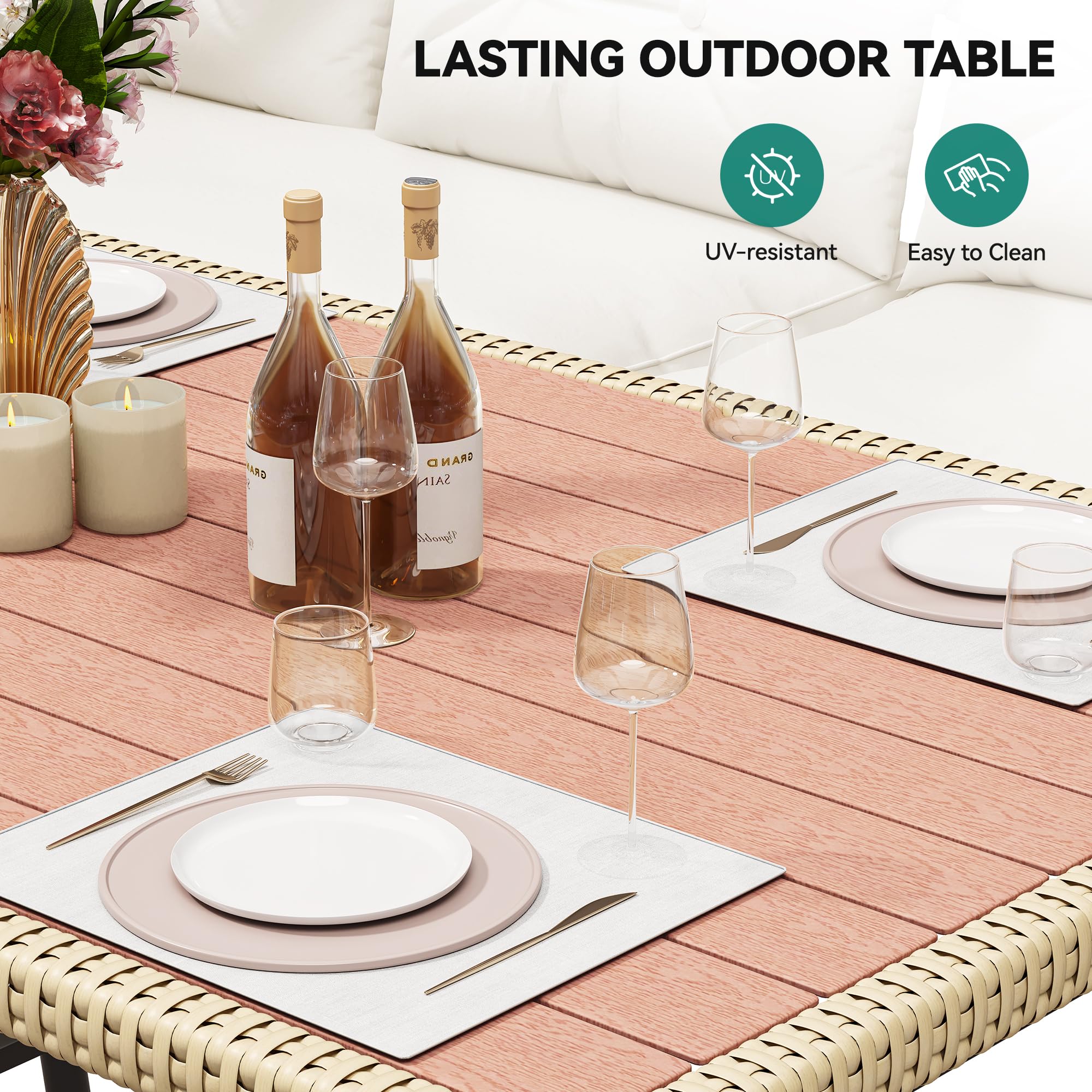 YITAHOME 6-Piece Patio Wicker L-Shaped Furniture Set, All-Weather Rattan Outdoor Conversation Sofa Set for Backyard Deck with Soft Cushions,Ottomans and Plastic Wood Dining Table (Light Brown+Beige)