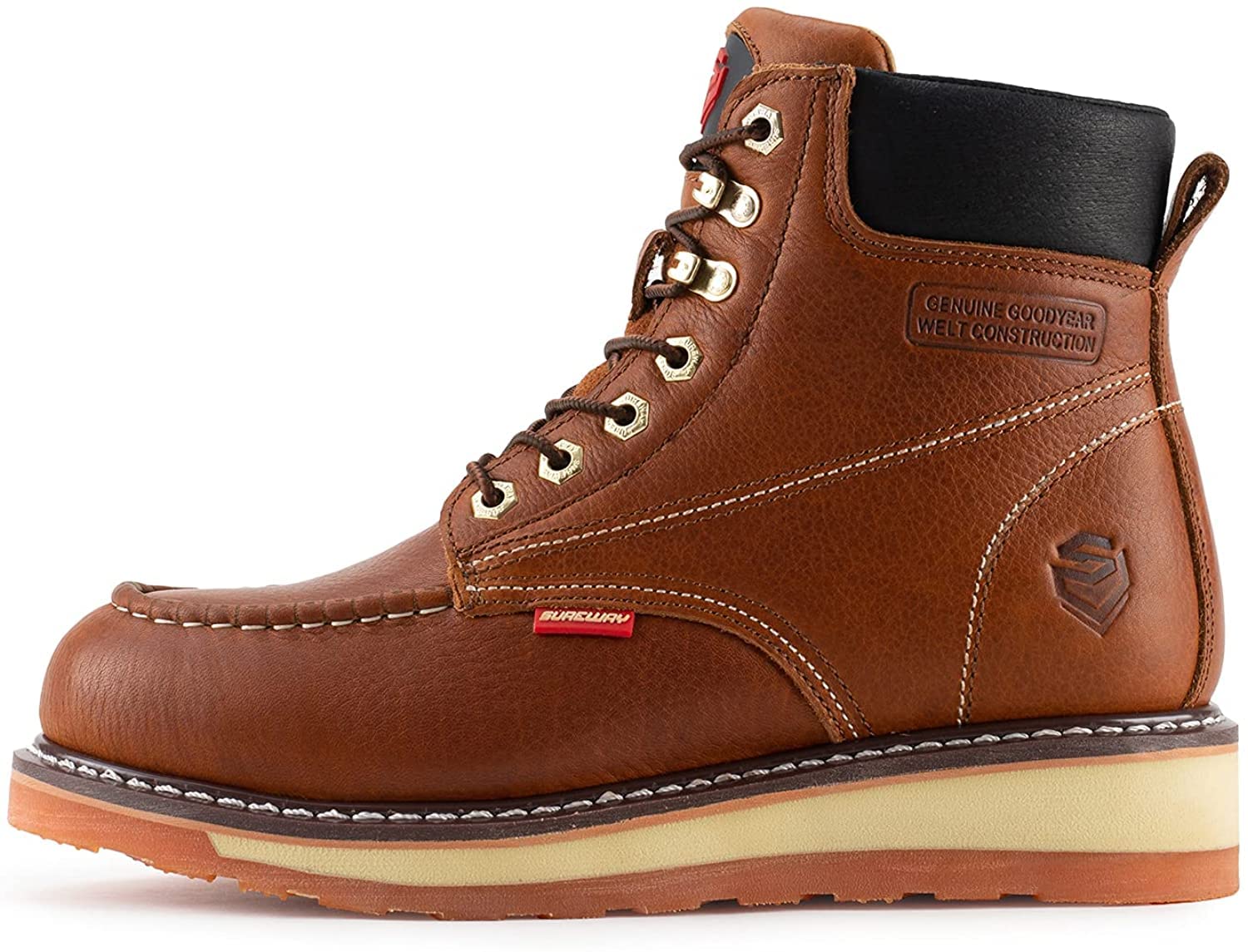 SUREWAY 6β Mens Heavy Duty Steel/Composite/Soft Toe Work Boots for Men,Goodyear Welt,Extremely Comfortable Durable Proved,Superior Oil/Slip Resistant,Thicker Leather,Wedge Sole,Moc Toe Work